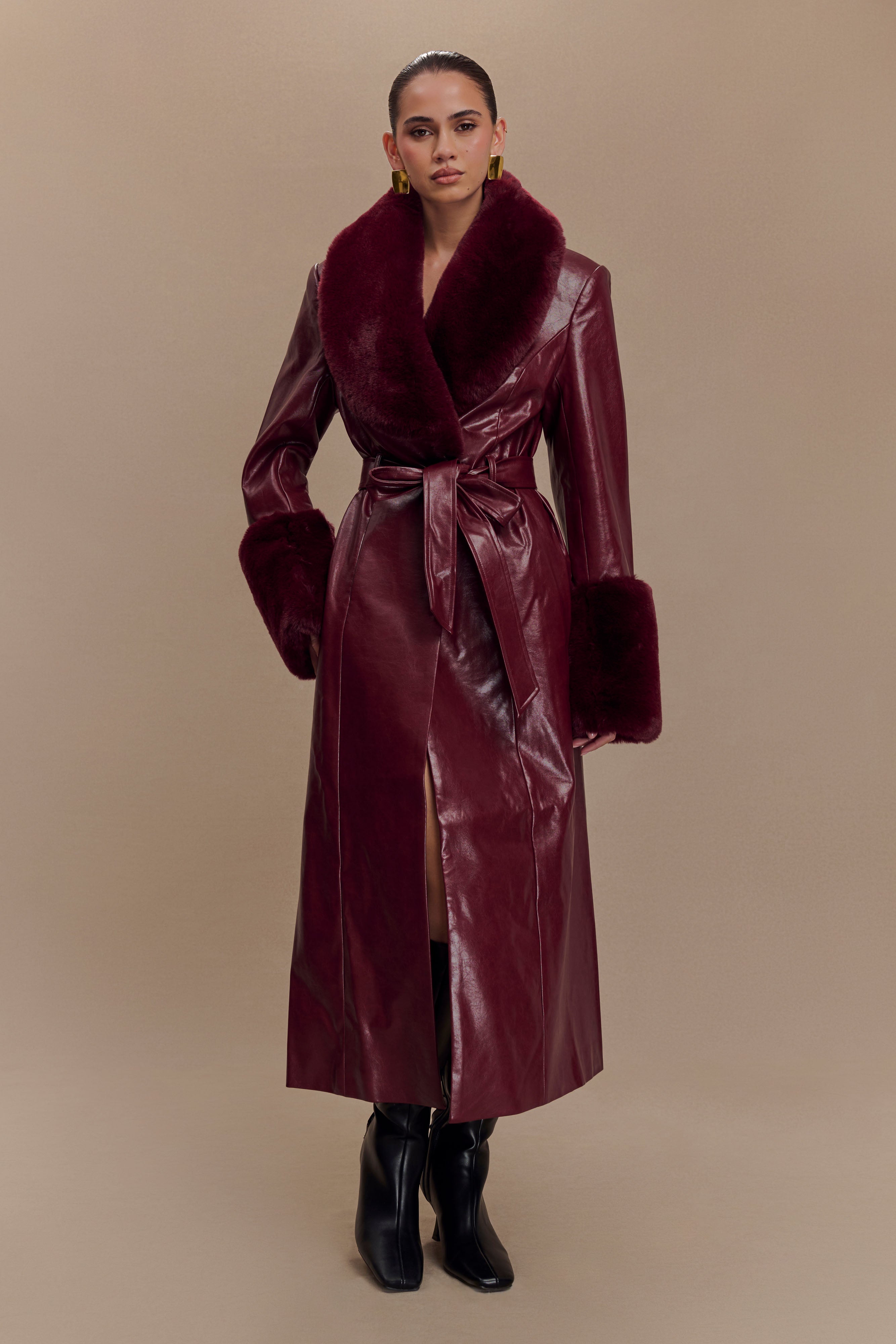 Bec Faux Leather Trench Coat With Faux Fur - Cherry Red & MESHKI