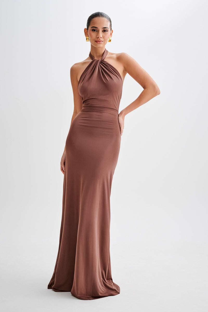 Elyna Slinky Halter Maxi Dress - Chocolate - MESHKI