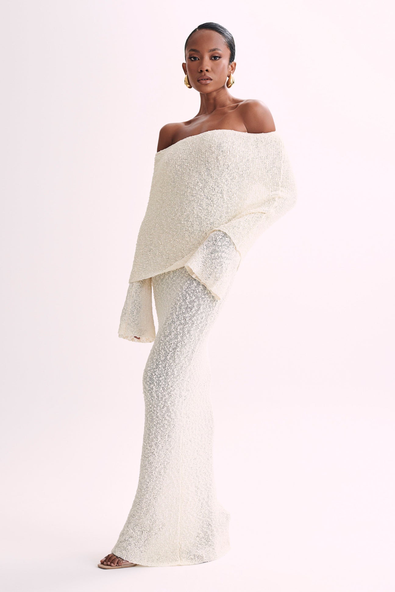 Marisol Off Shoulder Boucle Maxi Dress - Ivory - MESHKI