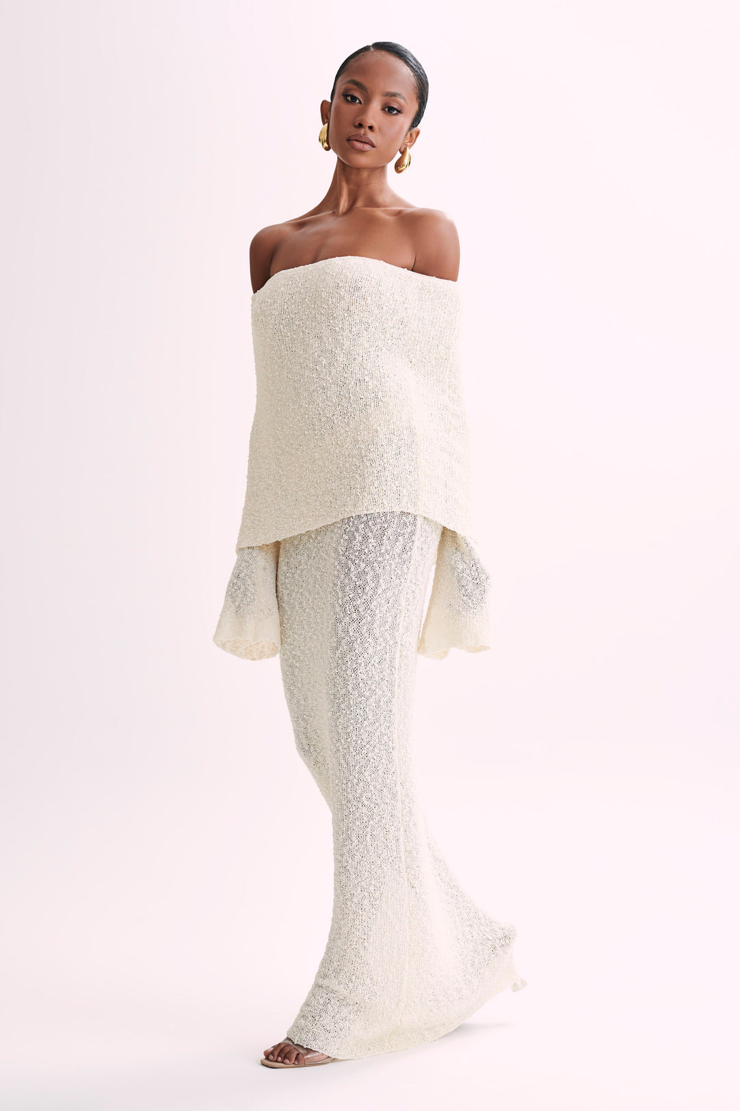 Marisol Off Shoulder Boucle Maxi Dress - Ivory- MESHKI
