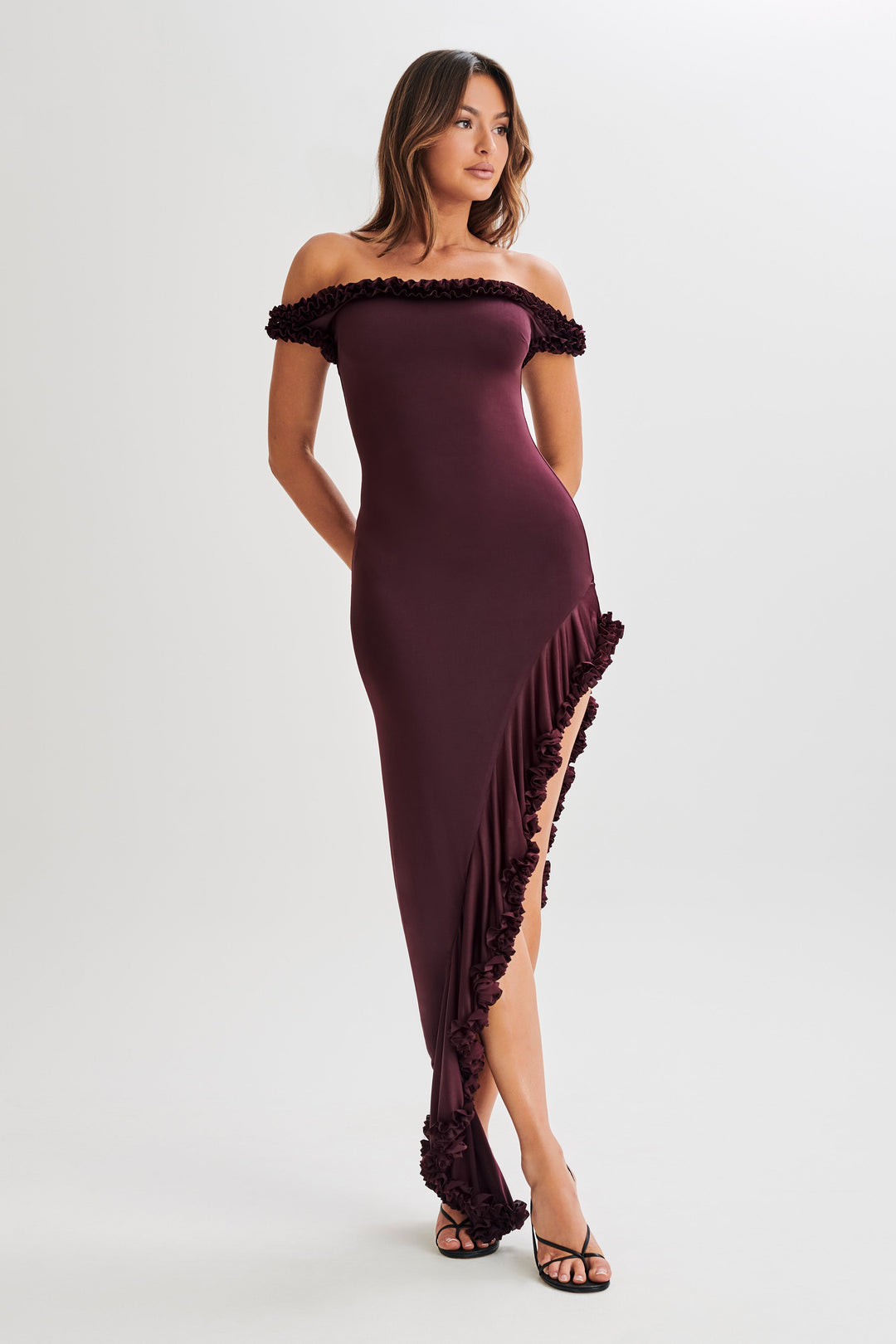 Arielle Off Shoulder Ruffle Midi Dress - Plum - MESHKI