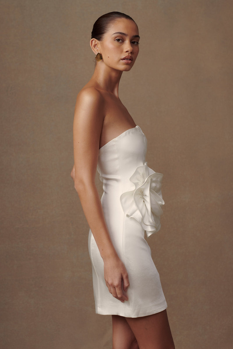 Bernadette Strapless Rose Mini Dress - White - MESHKI