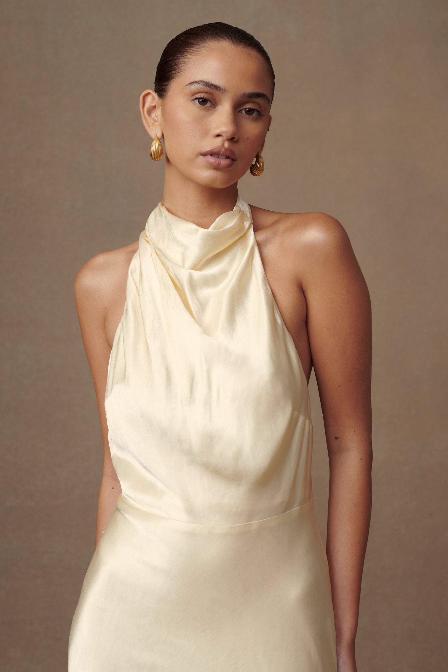 Esther Iridescent Satin Cowl Maxi Dress - Lemon Sorbet - MESHKI