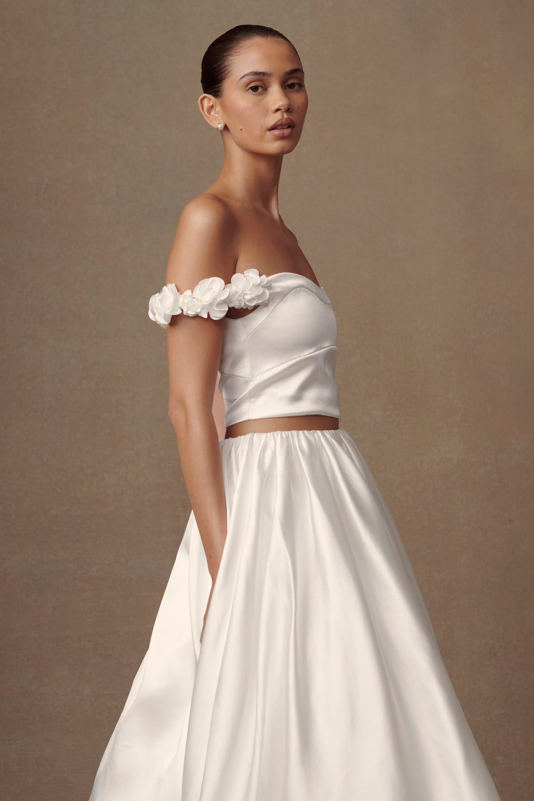 Karrie Cropped Satin Rose Bodice - White - MESHKI