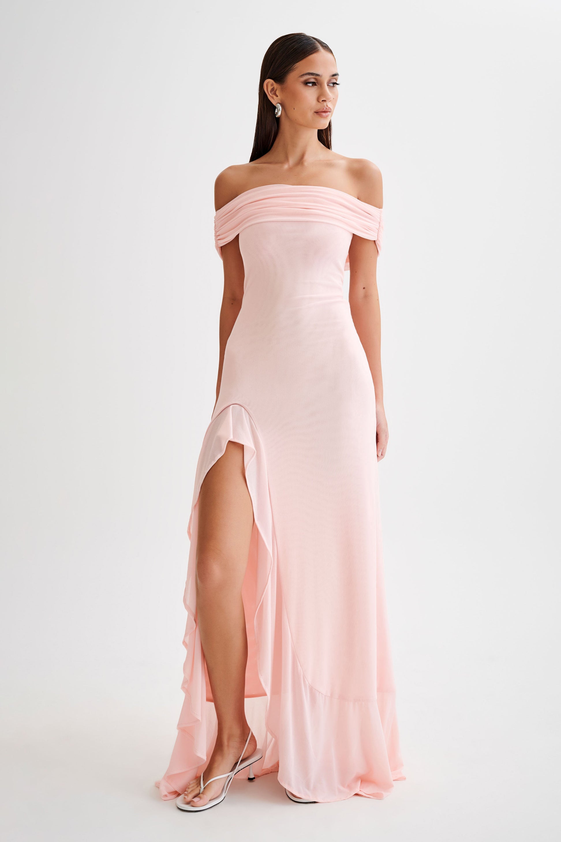 Audrey Off Shoulder Mesh Maxi Dress - Pale Pink - MESHKI