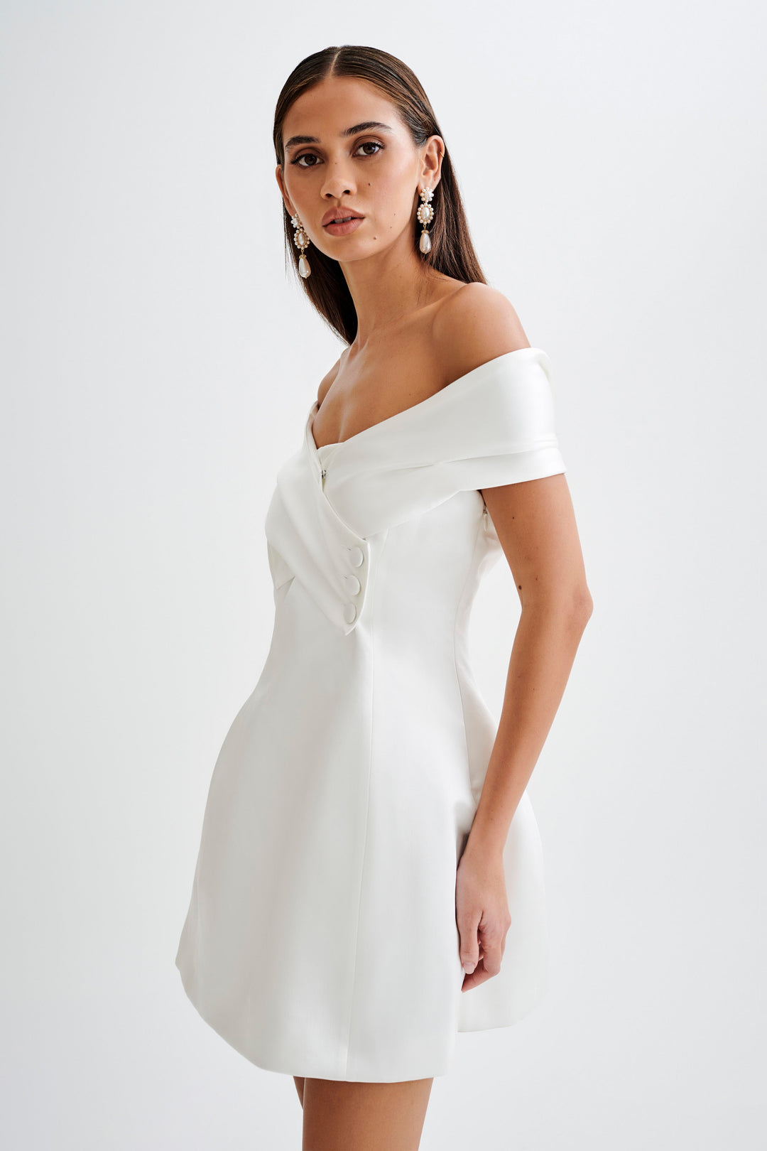 Evita Satin Off Shoulder Mini Dress - White - MESHKI