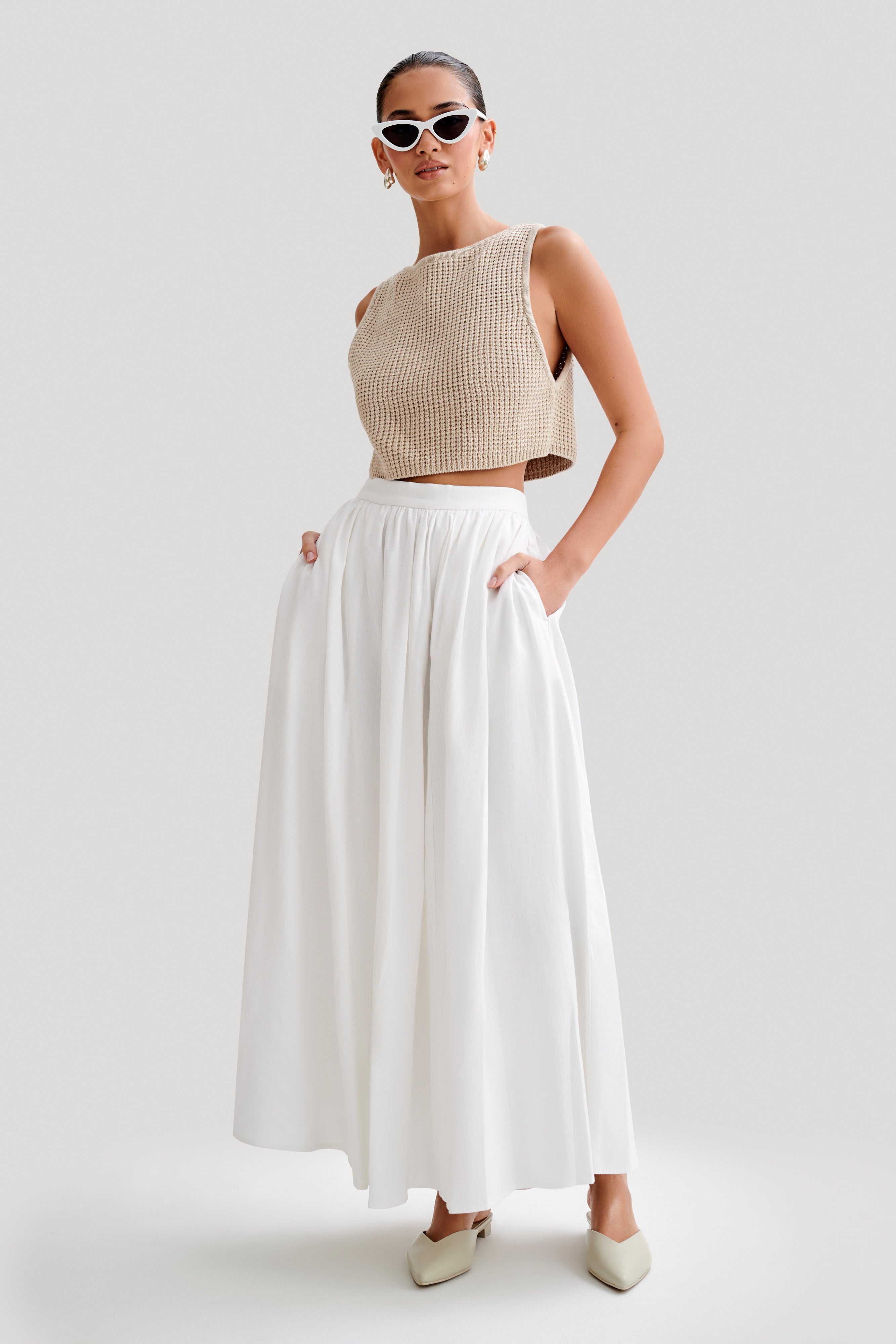 Clarence Linen A-Line Maxi Skirt - White & MESHKI