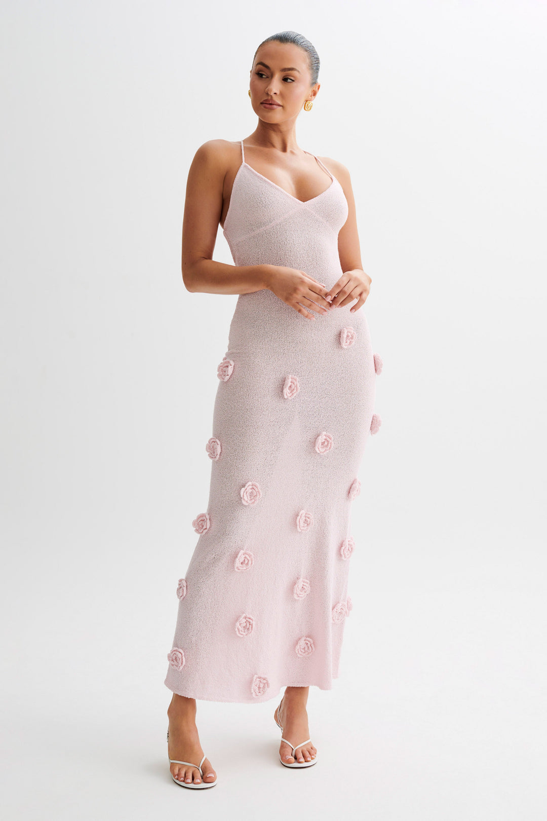 Suki Knit Maxi Dress With Flowers - Baby Pink - MESHKI