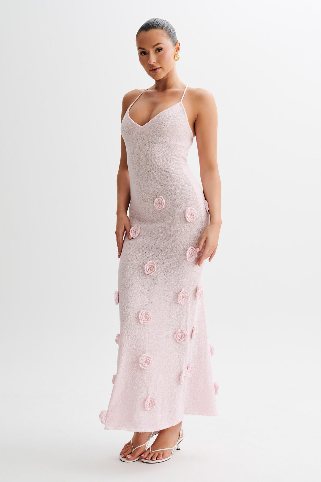 Suki Knit Maxi Dress With Flowers - Baby Pink - MESHKI