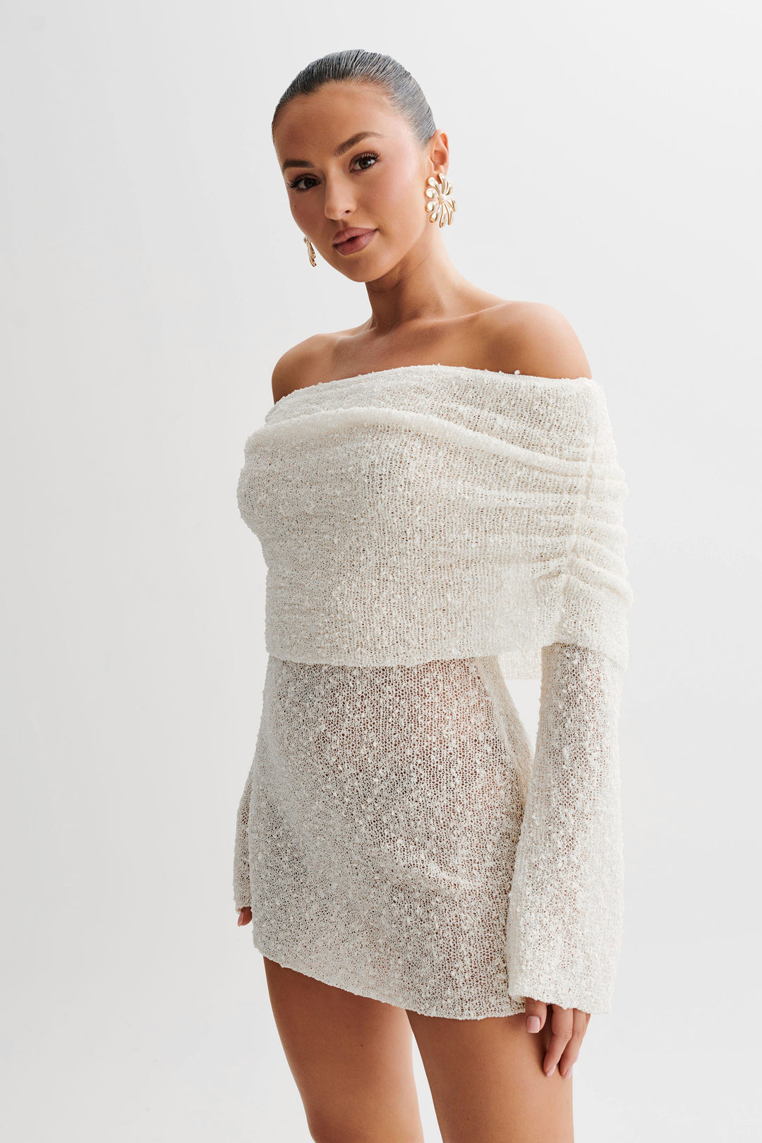 Marisol Off Shoulder Boucle Mini Dress - Ivory - MESHKI
