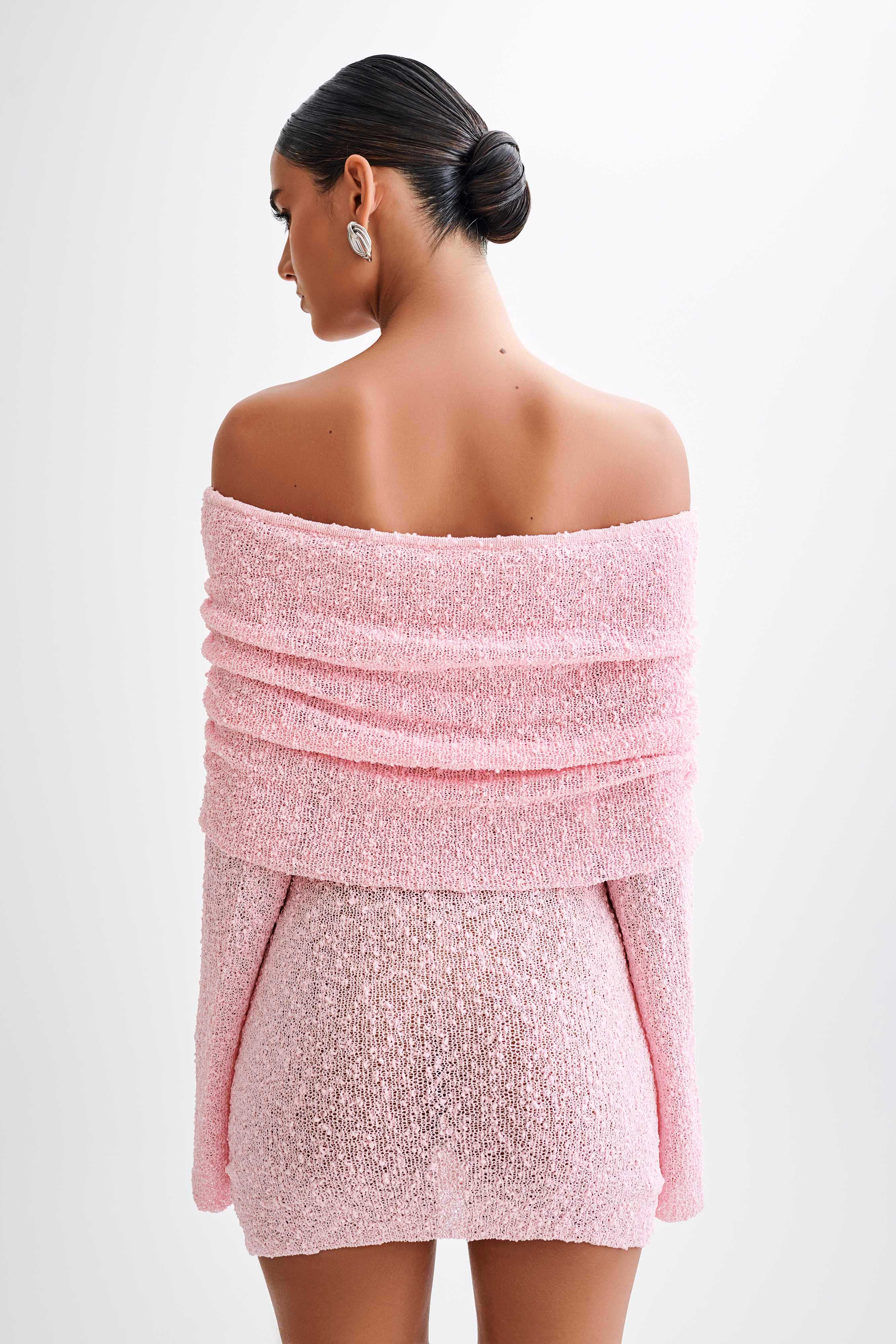 Marisol Off Shoulder Boucle Mini Dress - Baby Pink & MESHKI