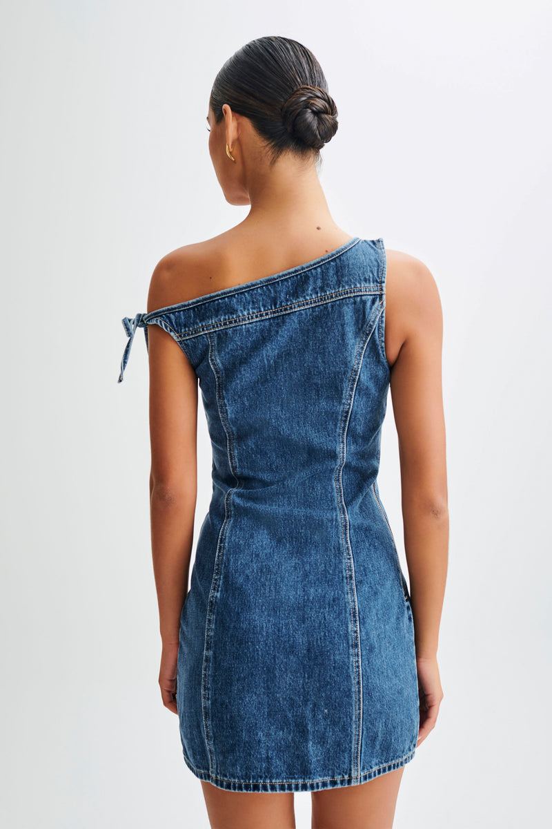 Baker Off Shoulder Denim Mini Dress - Dark Blue - MESHKI