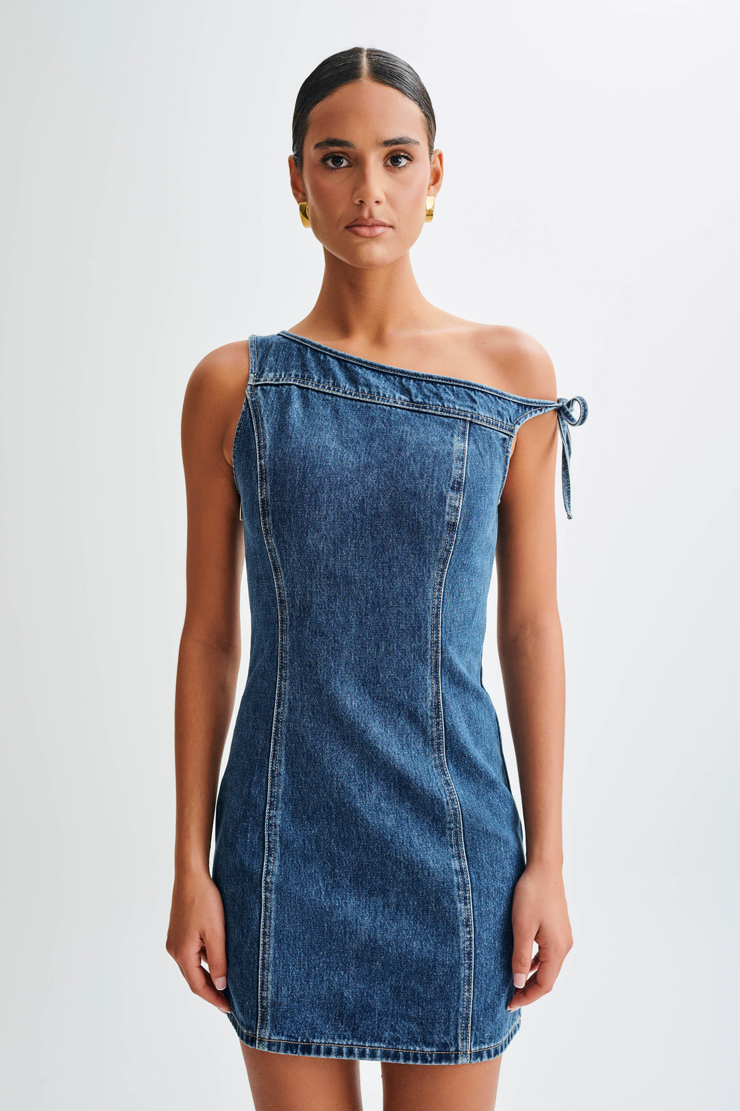 Baker Off Shoulder Denim Mini Dress - Dark Blue - MESHKI