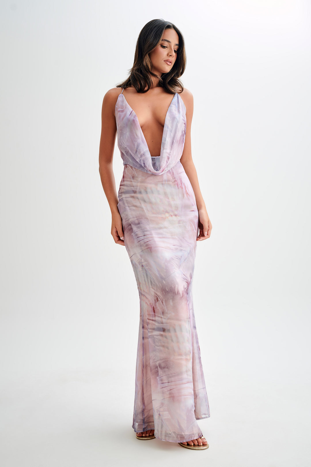 Attina Cowl Chiffon Maxi Dress - Mermaid Shell Print- MESHKI