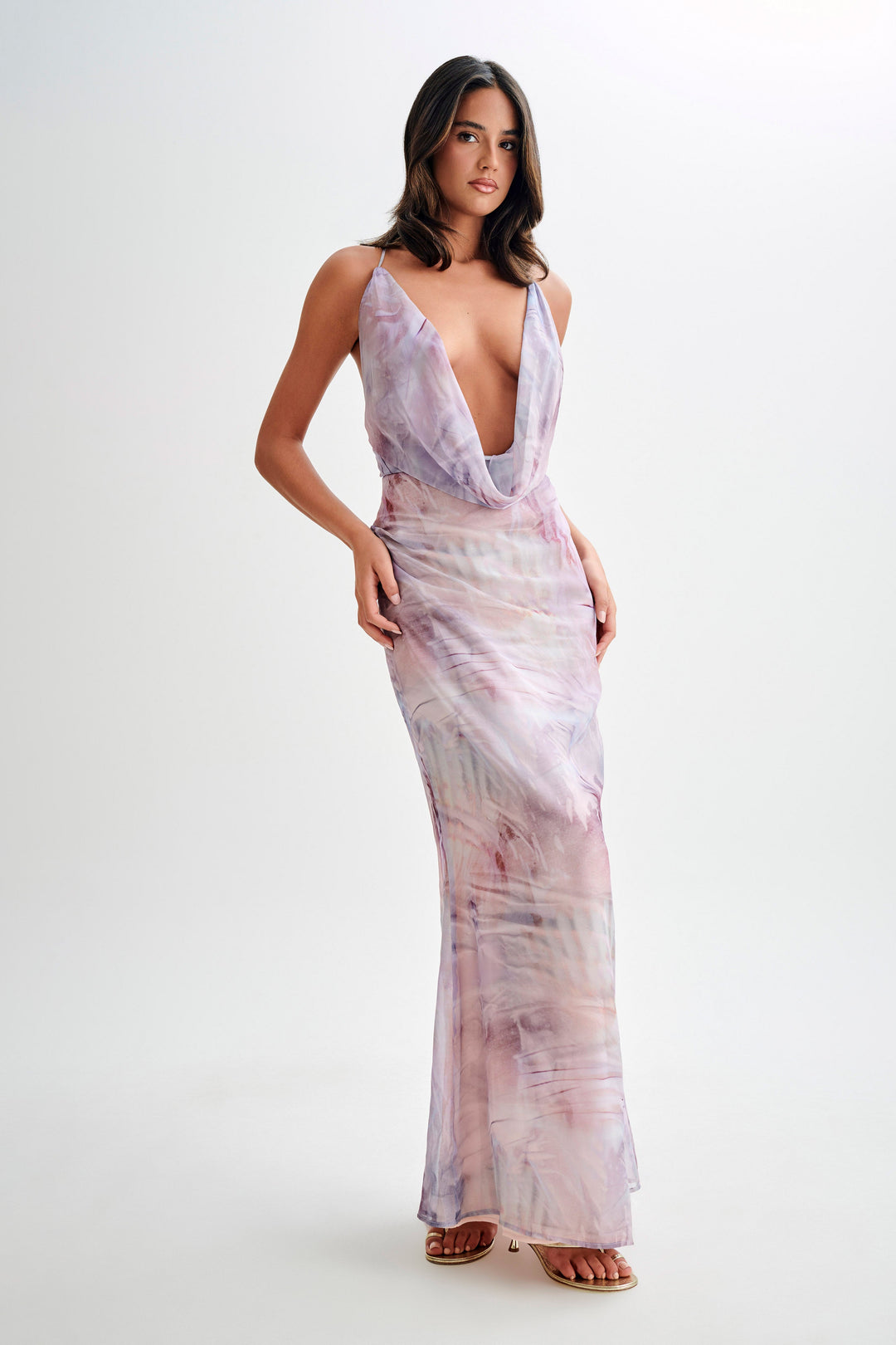 Attina Cowl Chiffon Maxi Dress - Mermaid Shell Print- MESHKI
