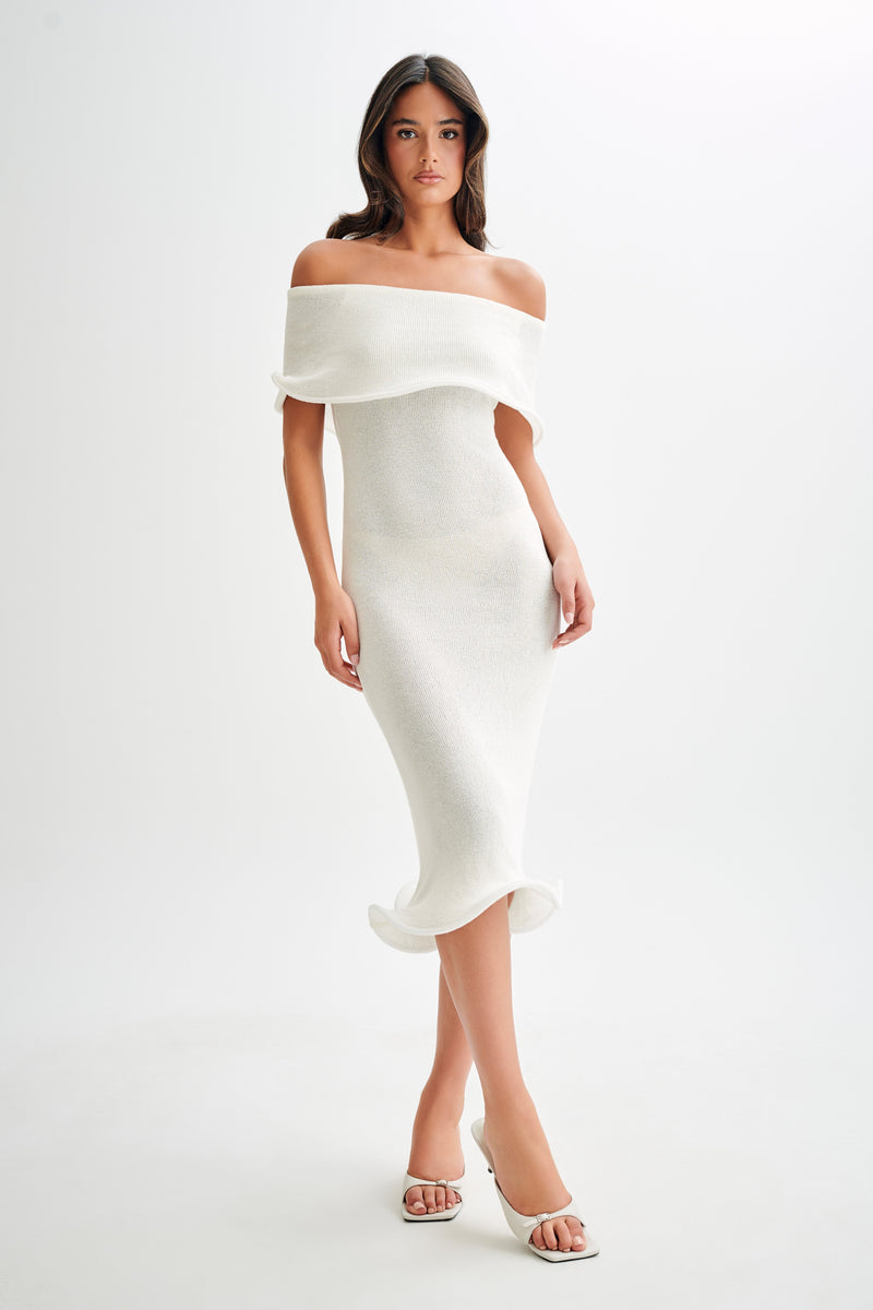 Molly Off Shoulder Knit Midi Dress - Ivory- MESHKI