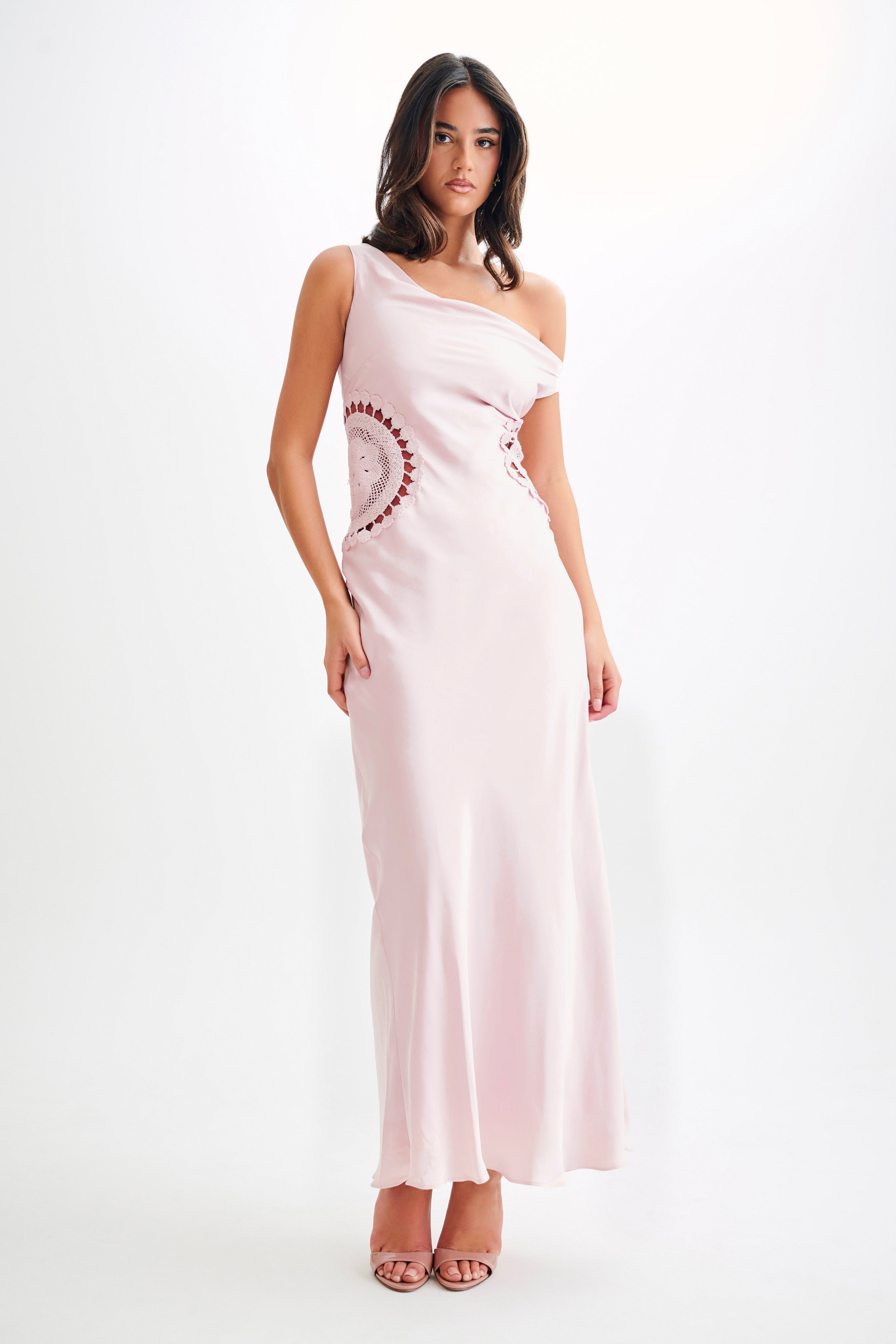 Kristina Satin Maxi Dress With Crochet - Pale Pink & MESHKI