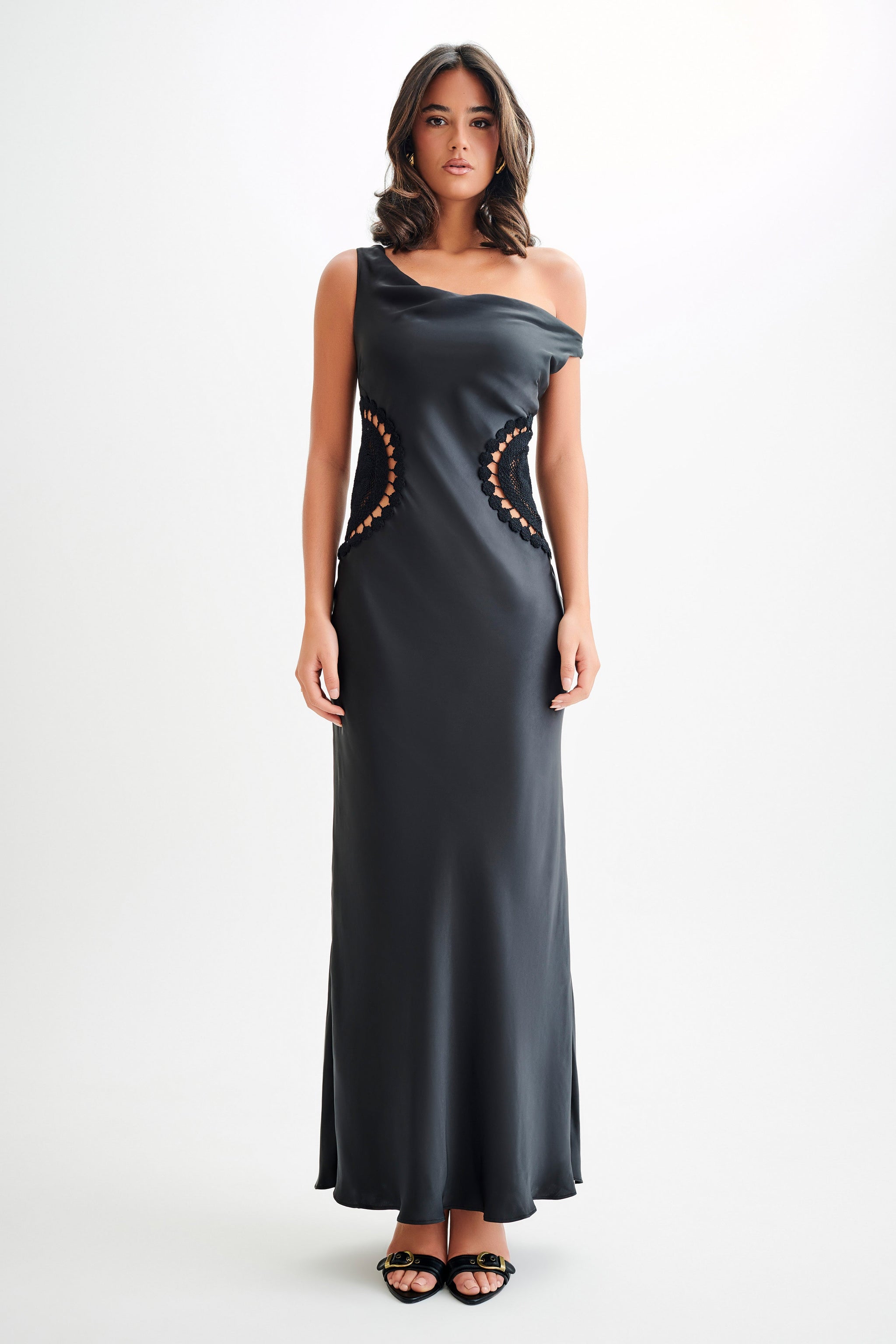 Kristina Satin Maxi Dress With Crochet - Black & MESHKI