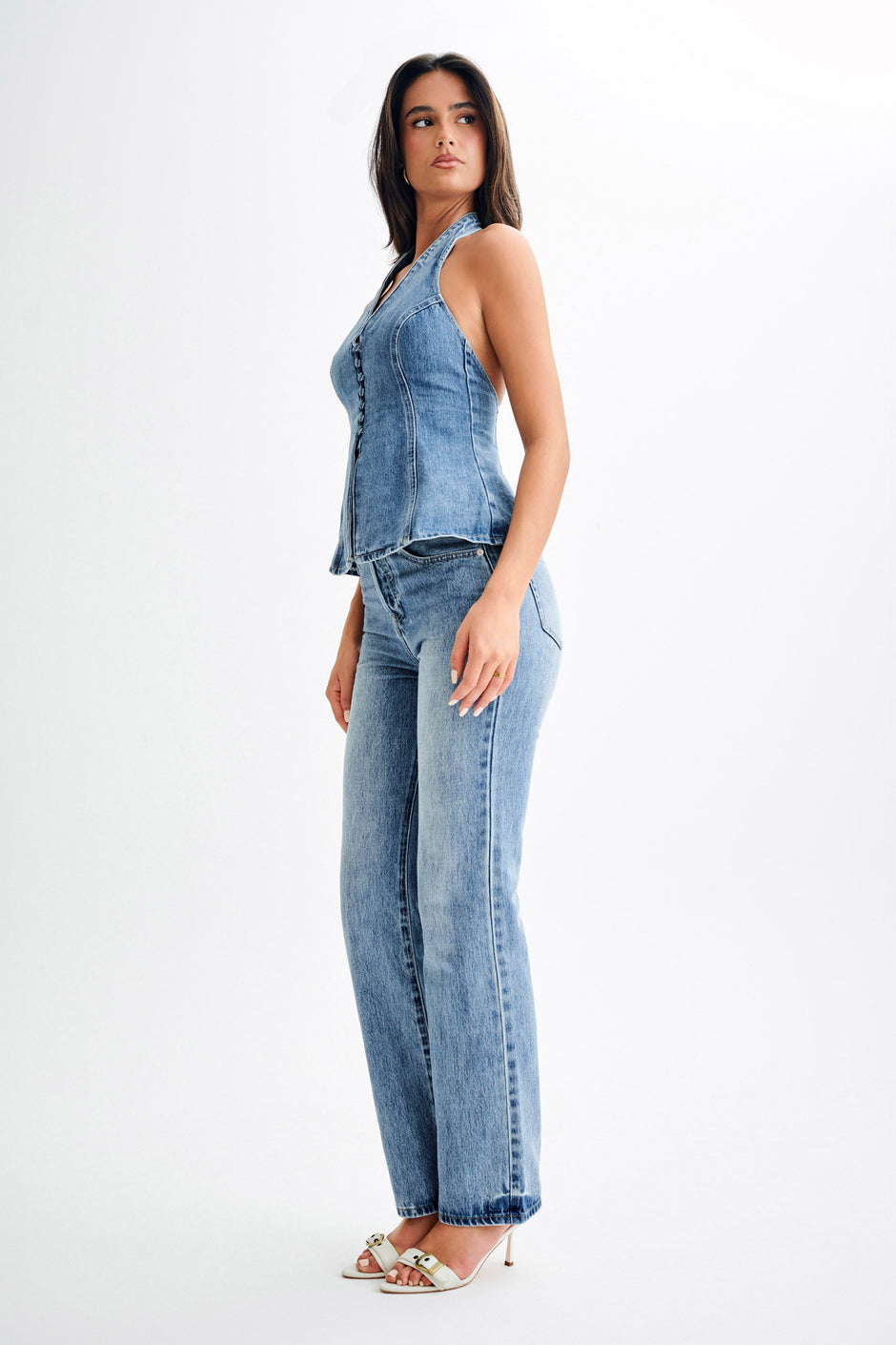 India Button Front Halter Denim Longline Top - Washed Mid Blue & MESHKI