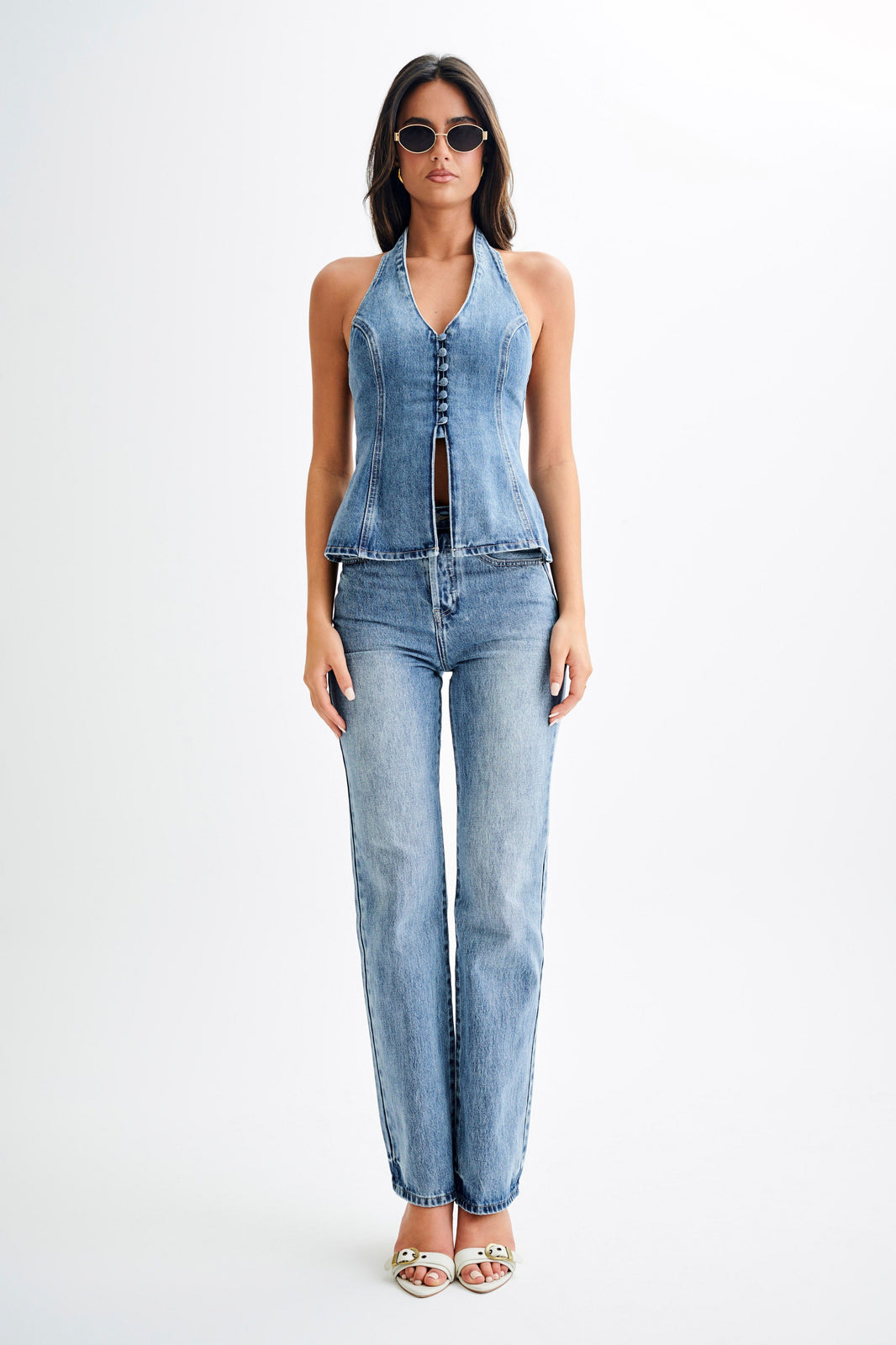 India Button Front Halter Denim Longline Top - Washed Mid Blue & MESHKI