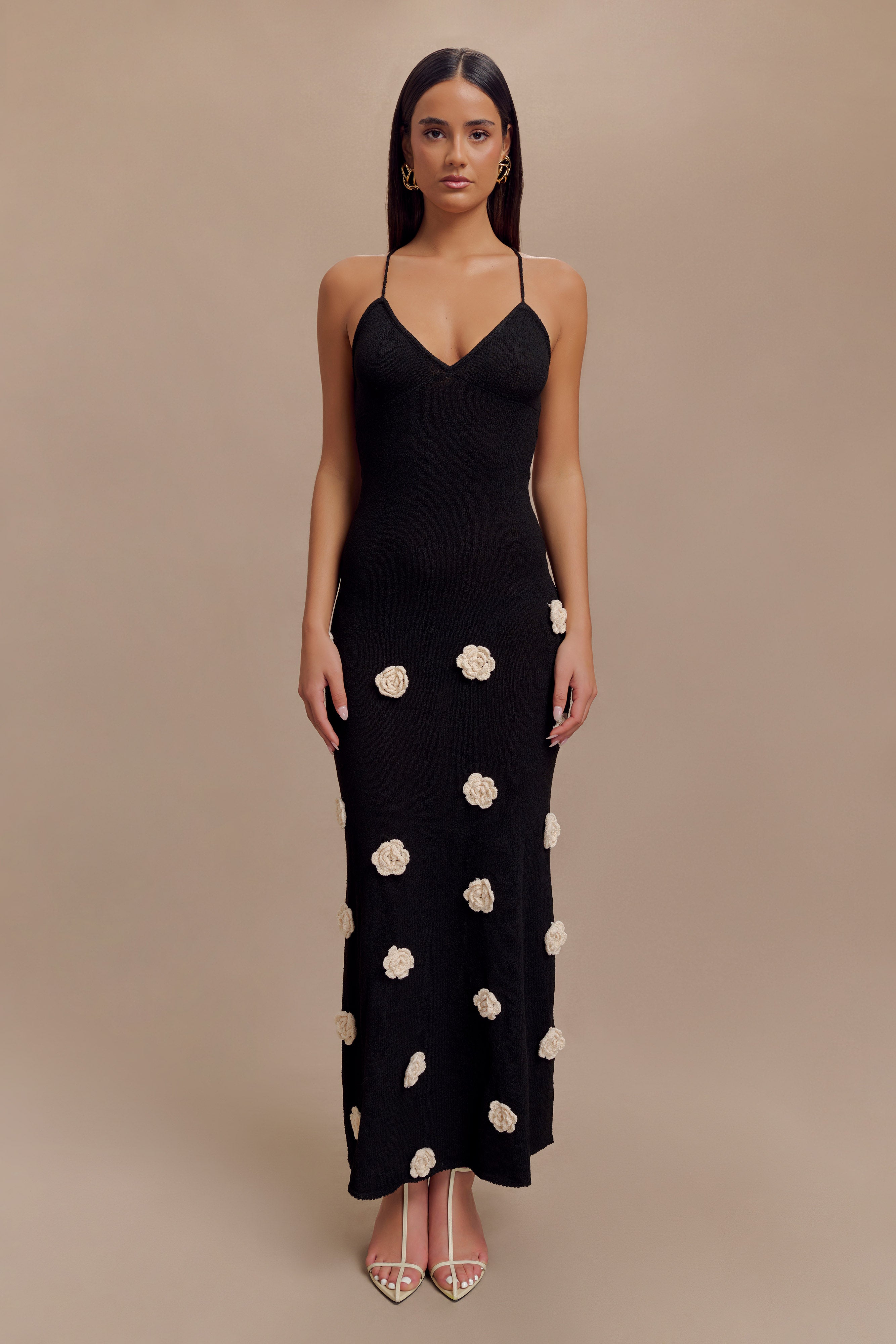 Suki Knit Maxi Dress With Flowers - Black/White & MESHKI