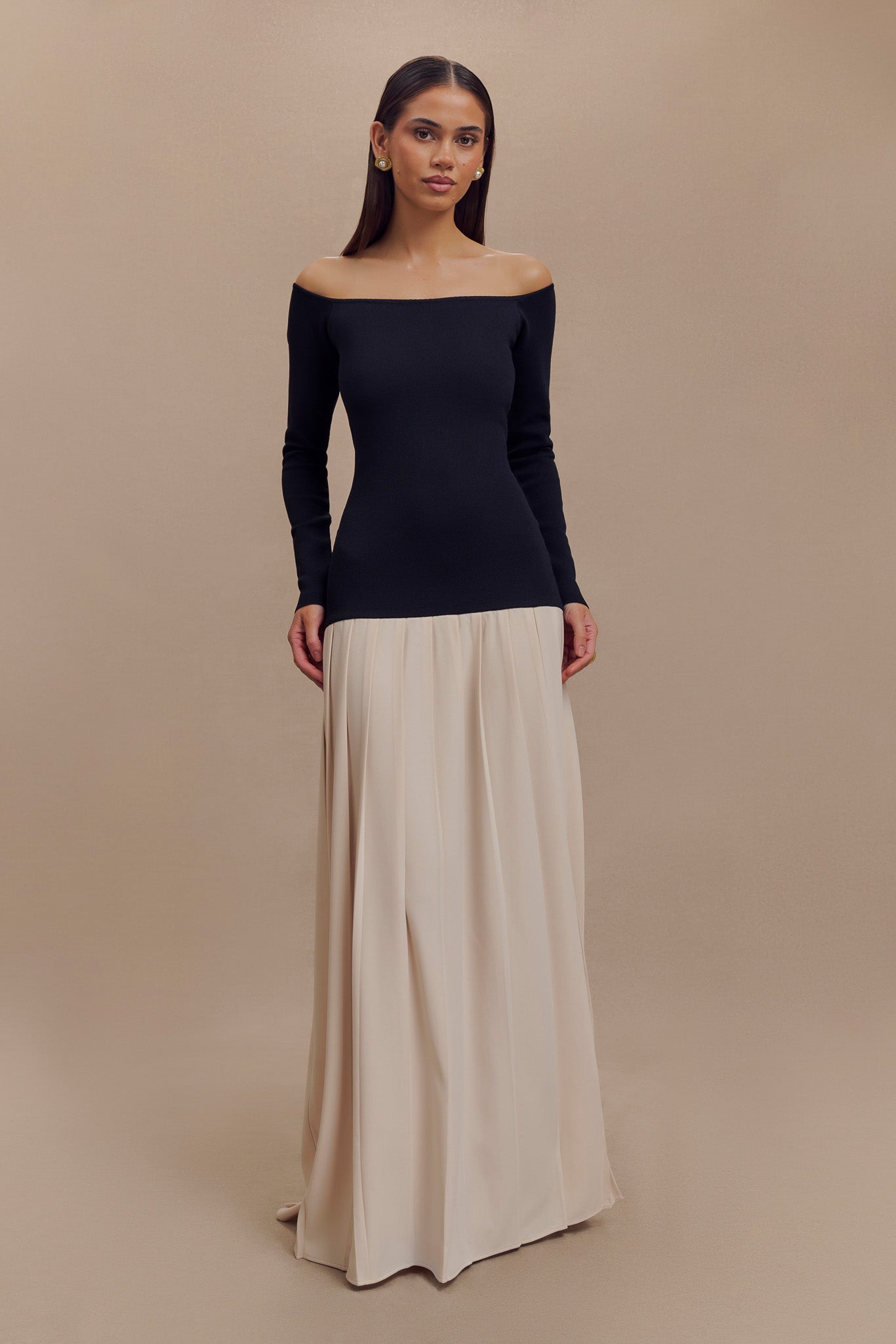 Presley Contrast Knit Off Shoulder Maxi Dress - Navy And Cream & MESHKI
