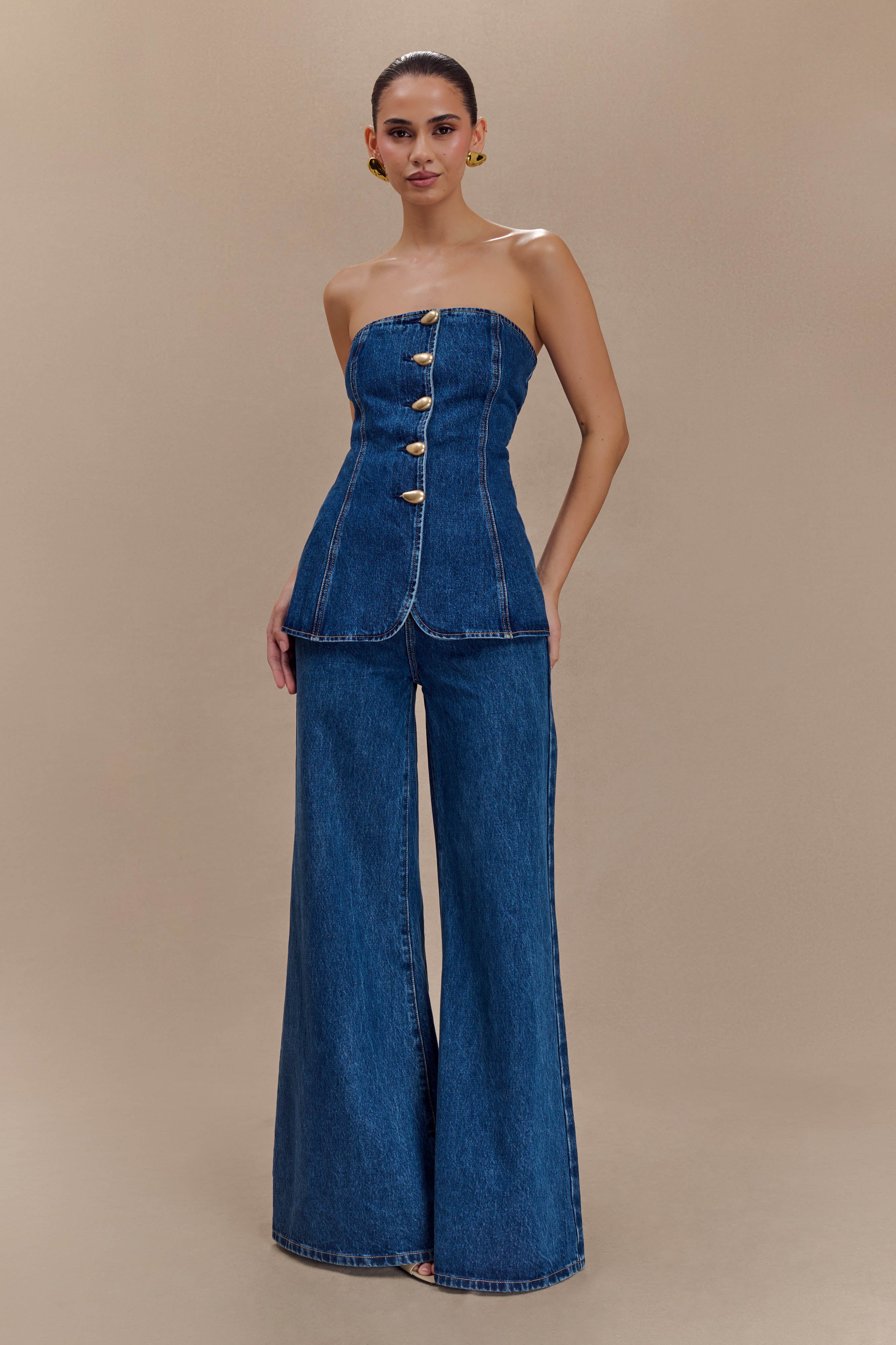 Jen Wide Leg Flare Denim Jeans - Dark Blue & MESHKI