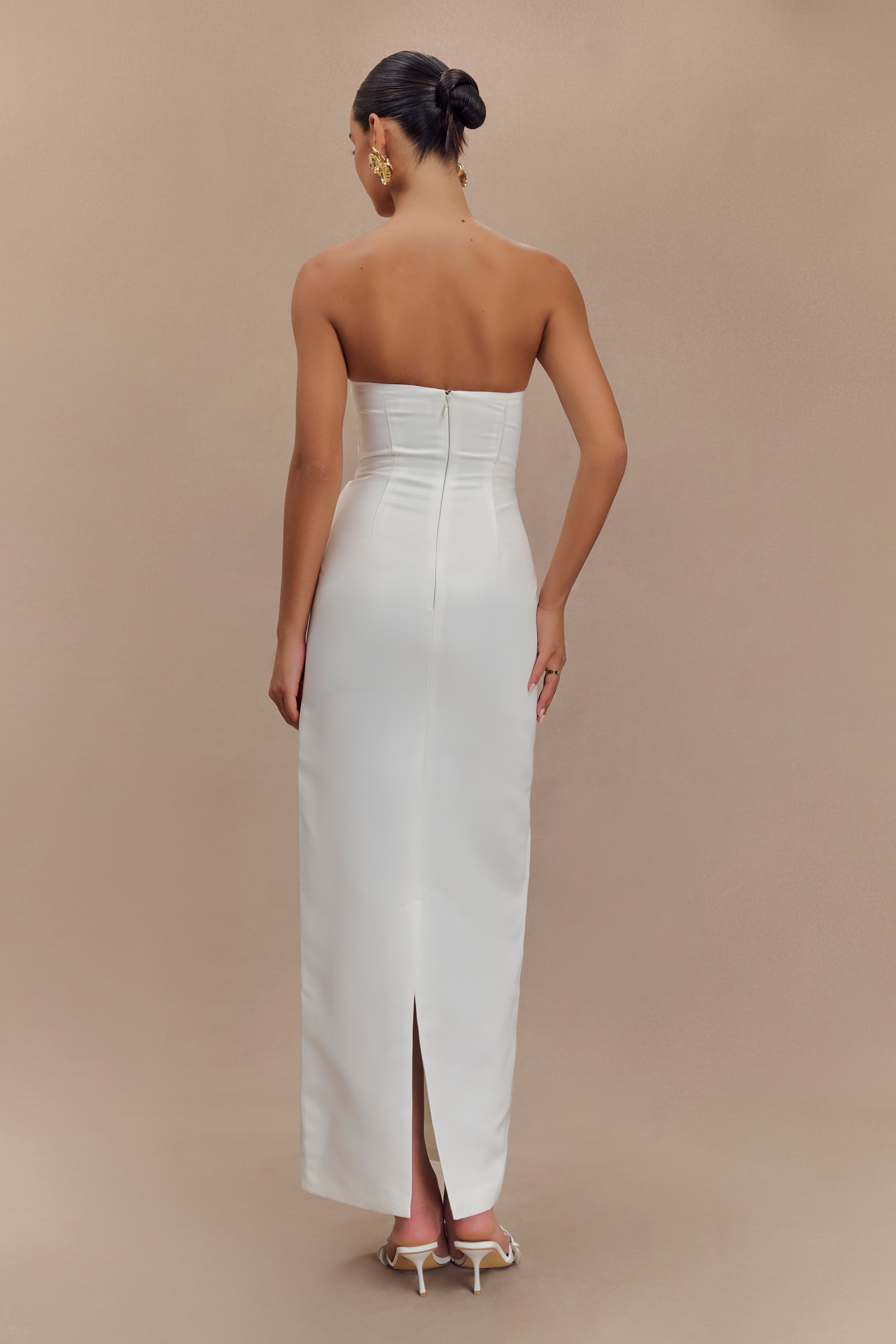 Cyrill Strapless Satin Structured Maxi Dress - White & MESHKI