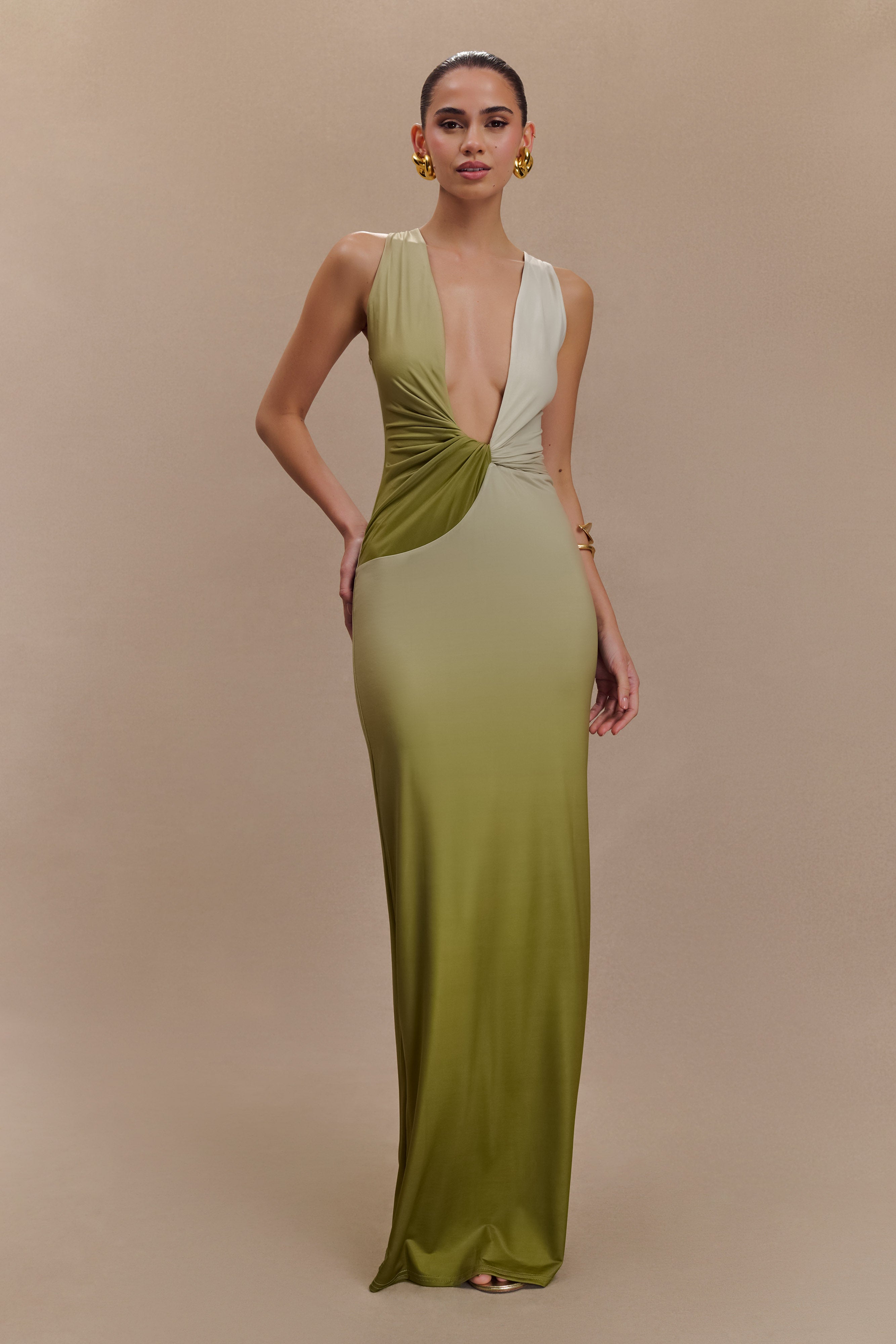 Stella Draped Slinky Maxi Dress - Ombre Vintage Olive & MESHKI