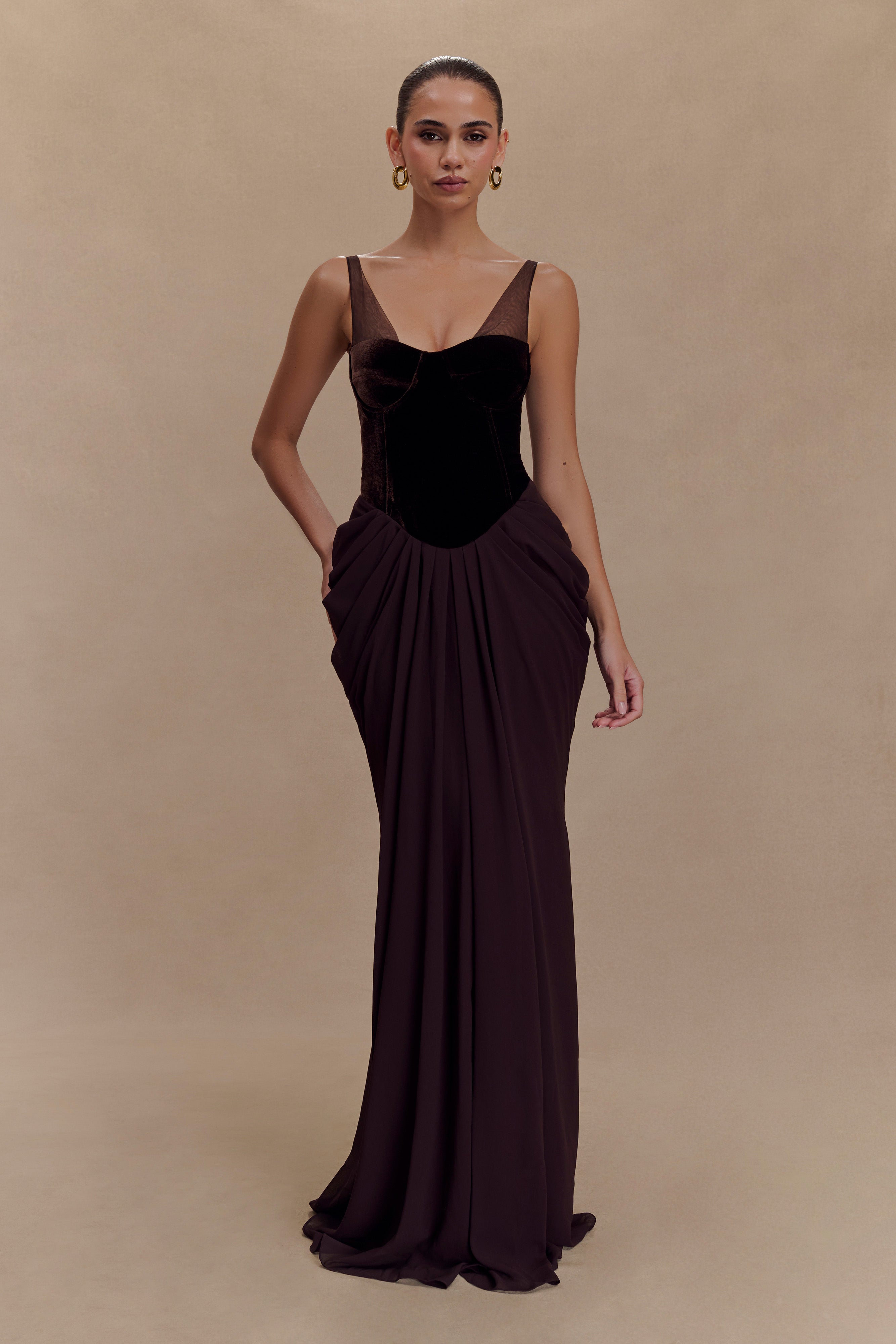 Roxanne Velvet Corset Maxi Dress - Cacao Brown & MESHKI