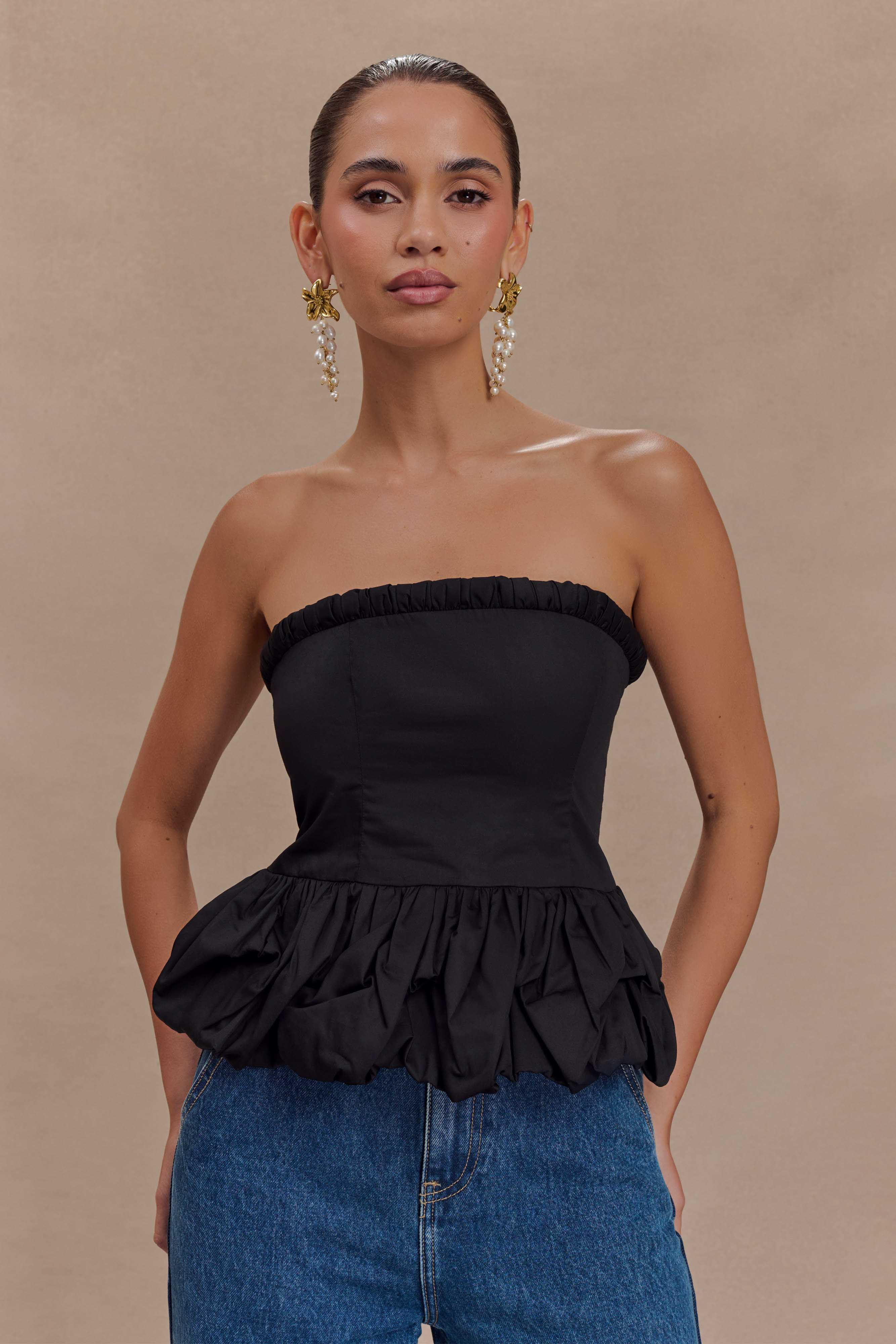 Cora Ruched Strapless Top - Black & MESHKI