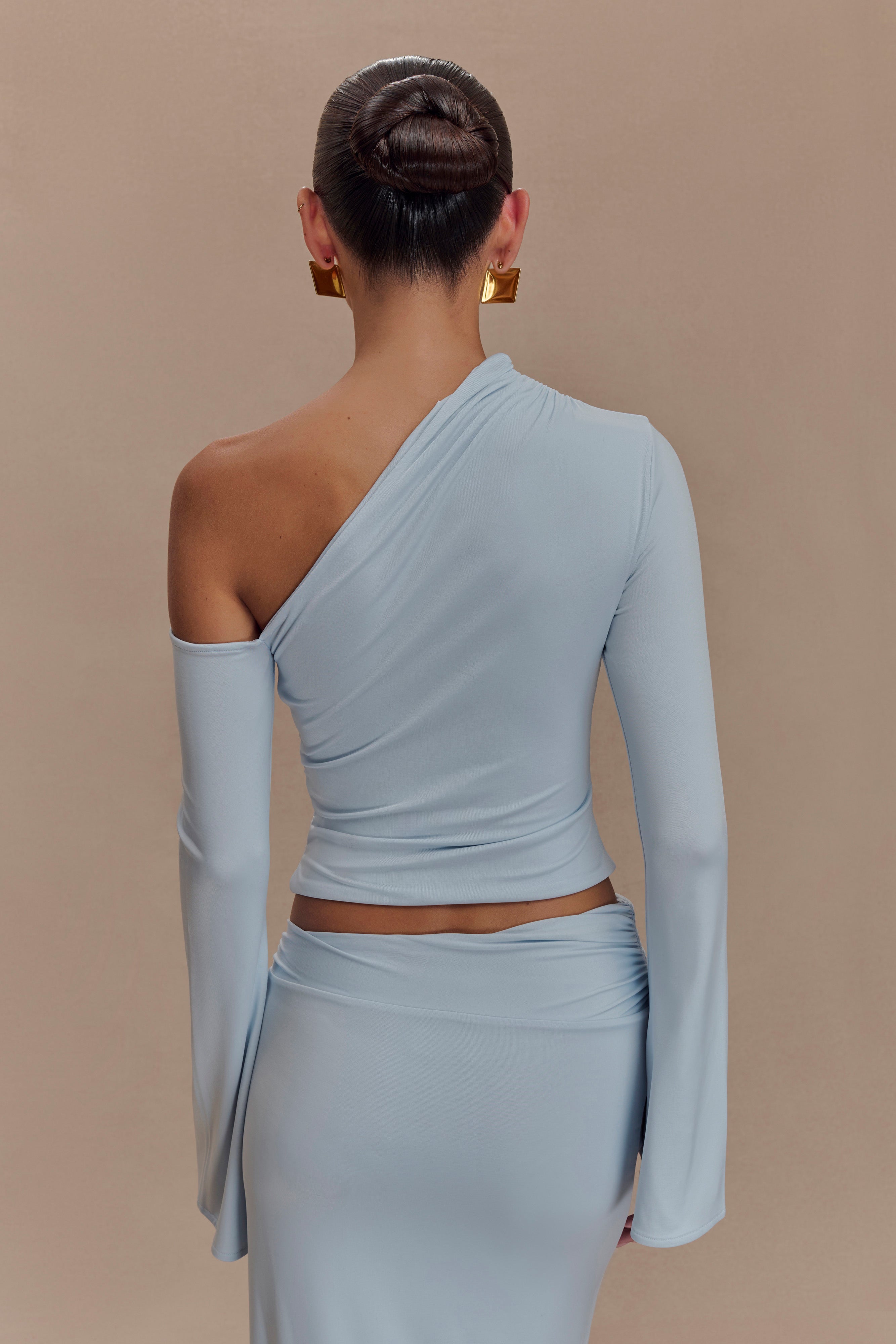 Ainsley Asymmetrical Maxi Skirt With Floral Hardware - Pale Blue & MESHKI
