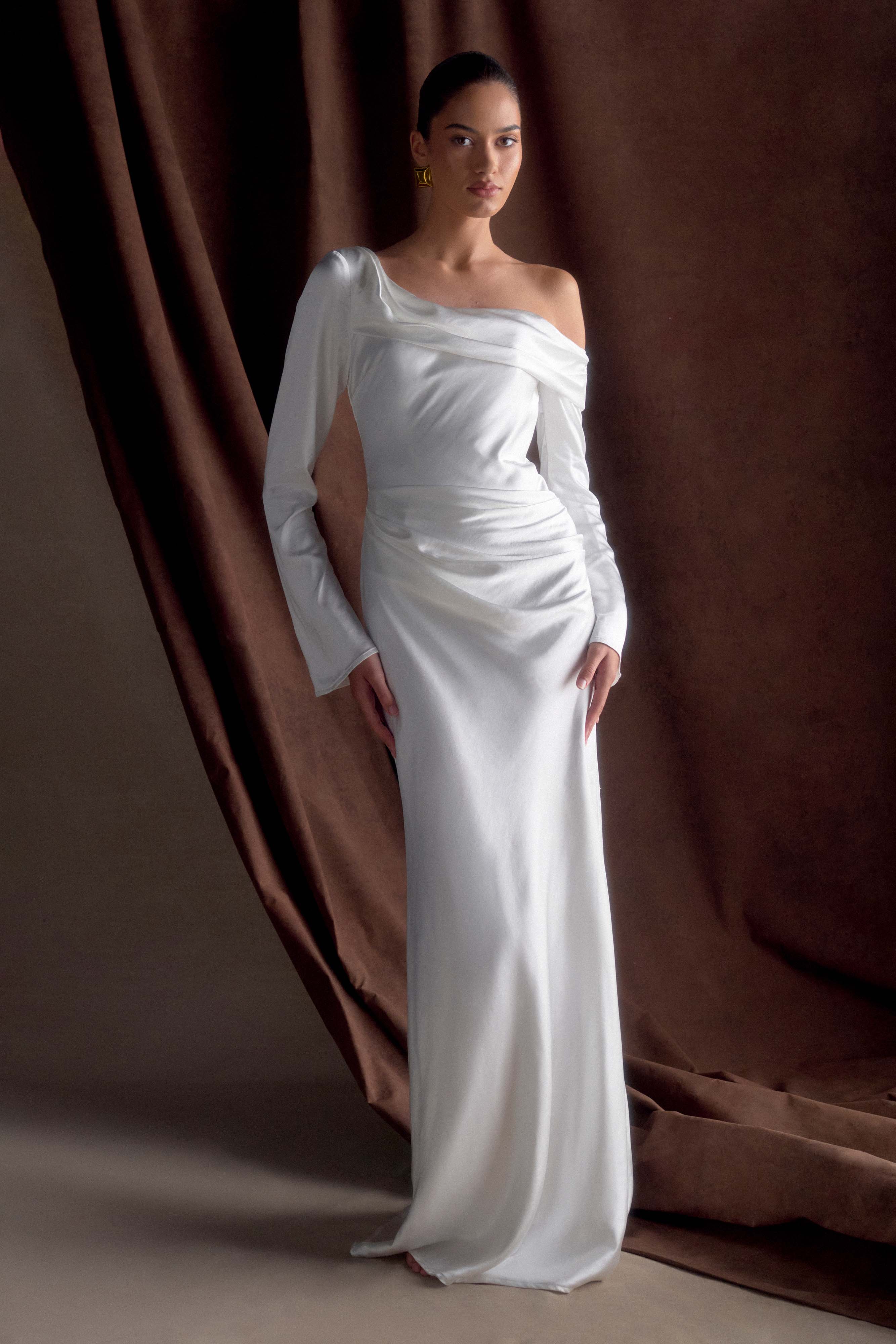 Iris Long Sleeve Satin Maxi Dress - White & MESHKI