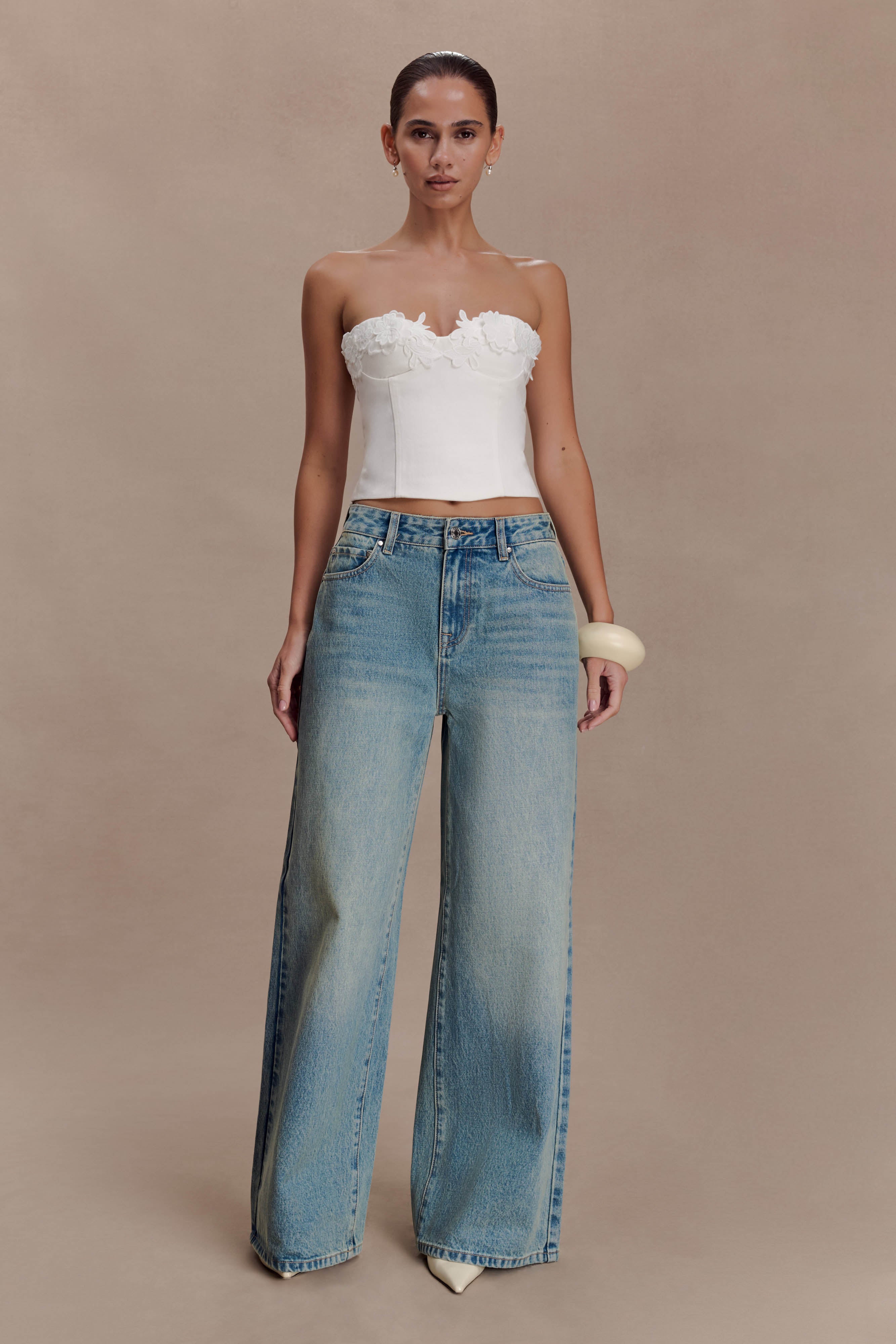 Romi Mid Rise Wide Leg Jeans - Faded Mid Blue & MESHKI