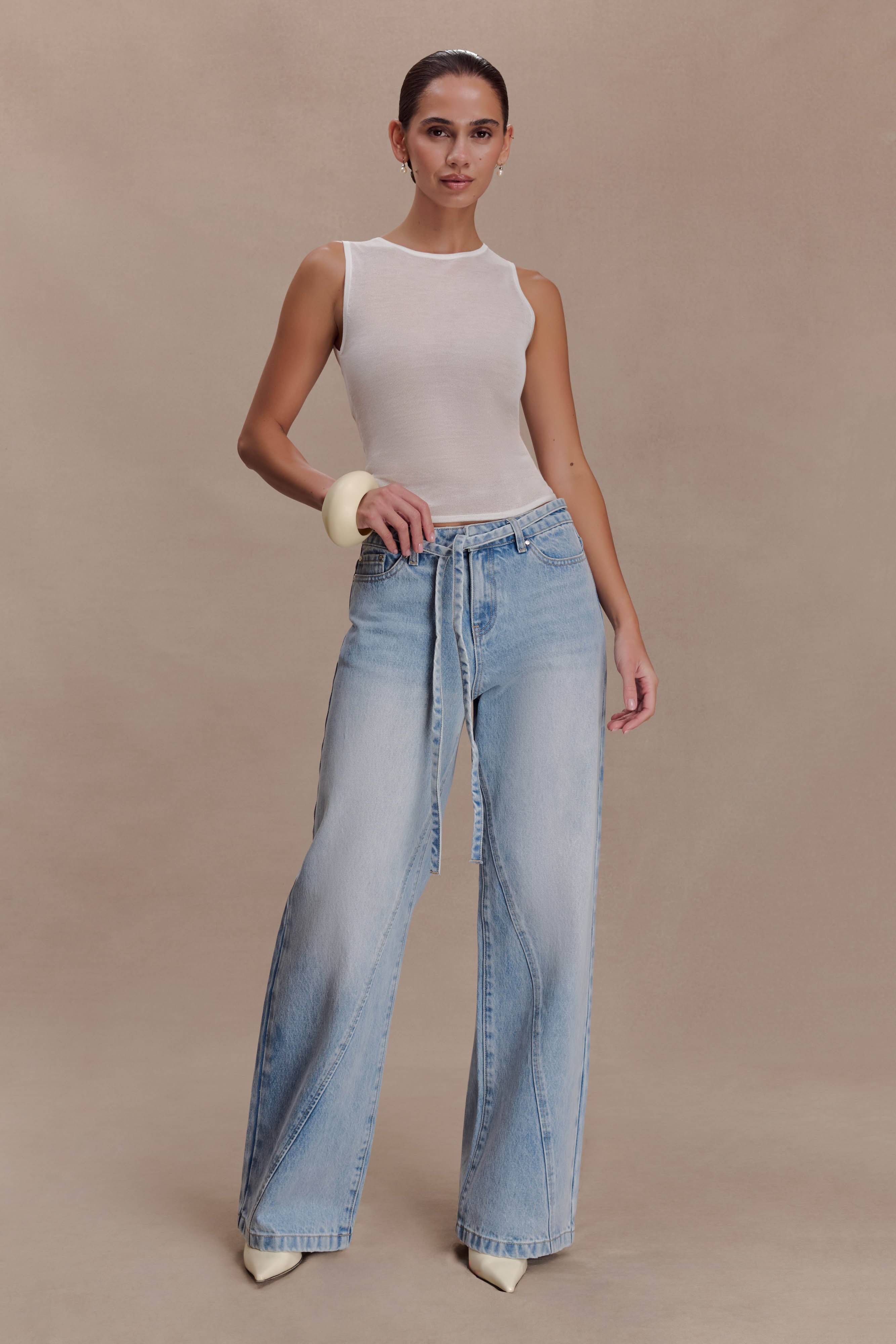 Perrie Mid Rise Straight Leg Tie Jeans - Washed Light Blue & MESHKI