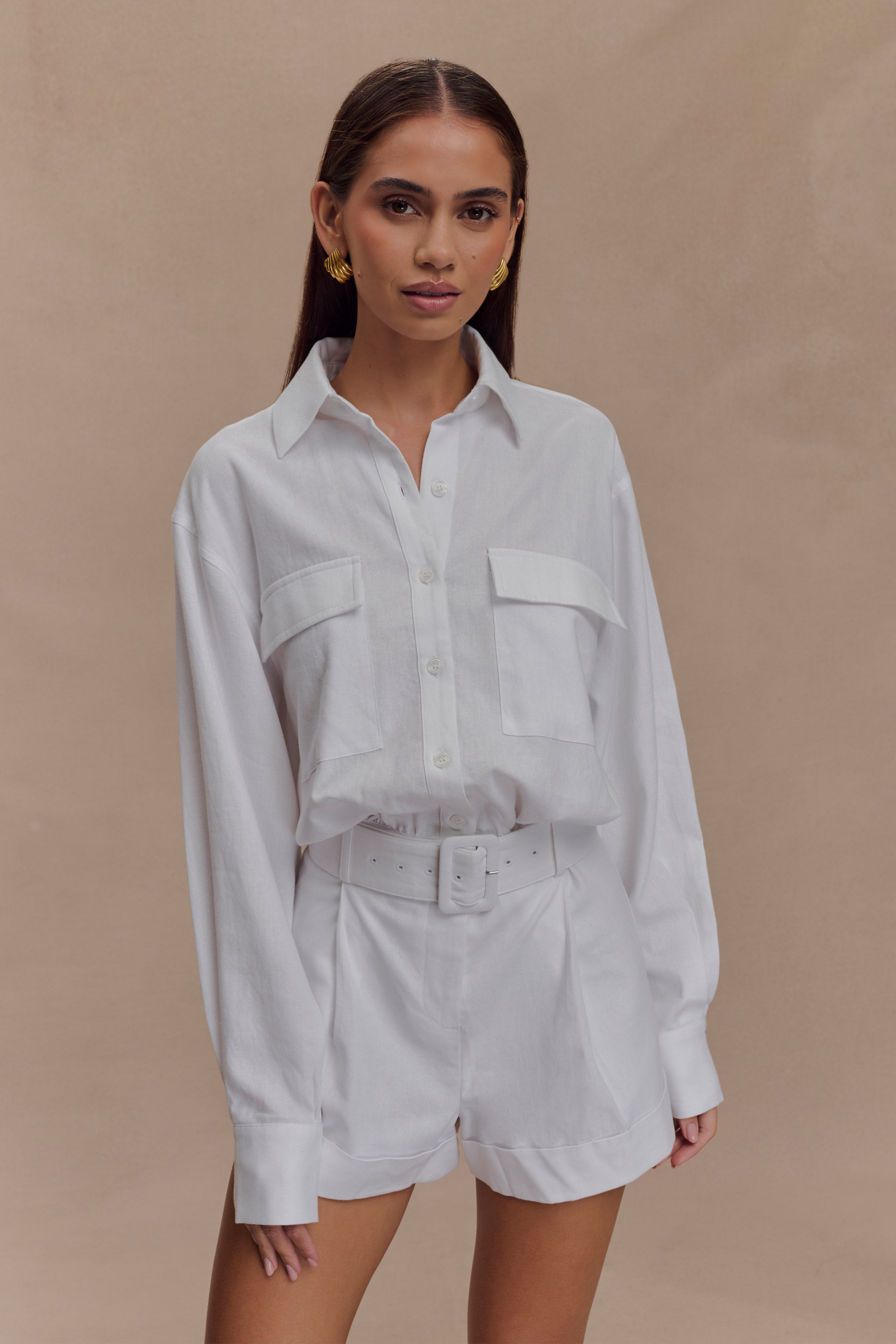 Adia Linen Belted Playsuit - White & MESHKI
