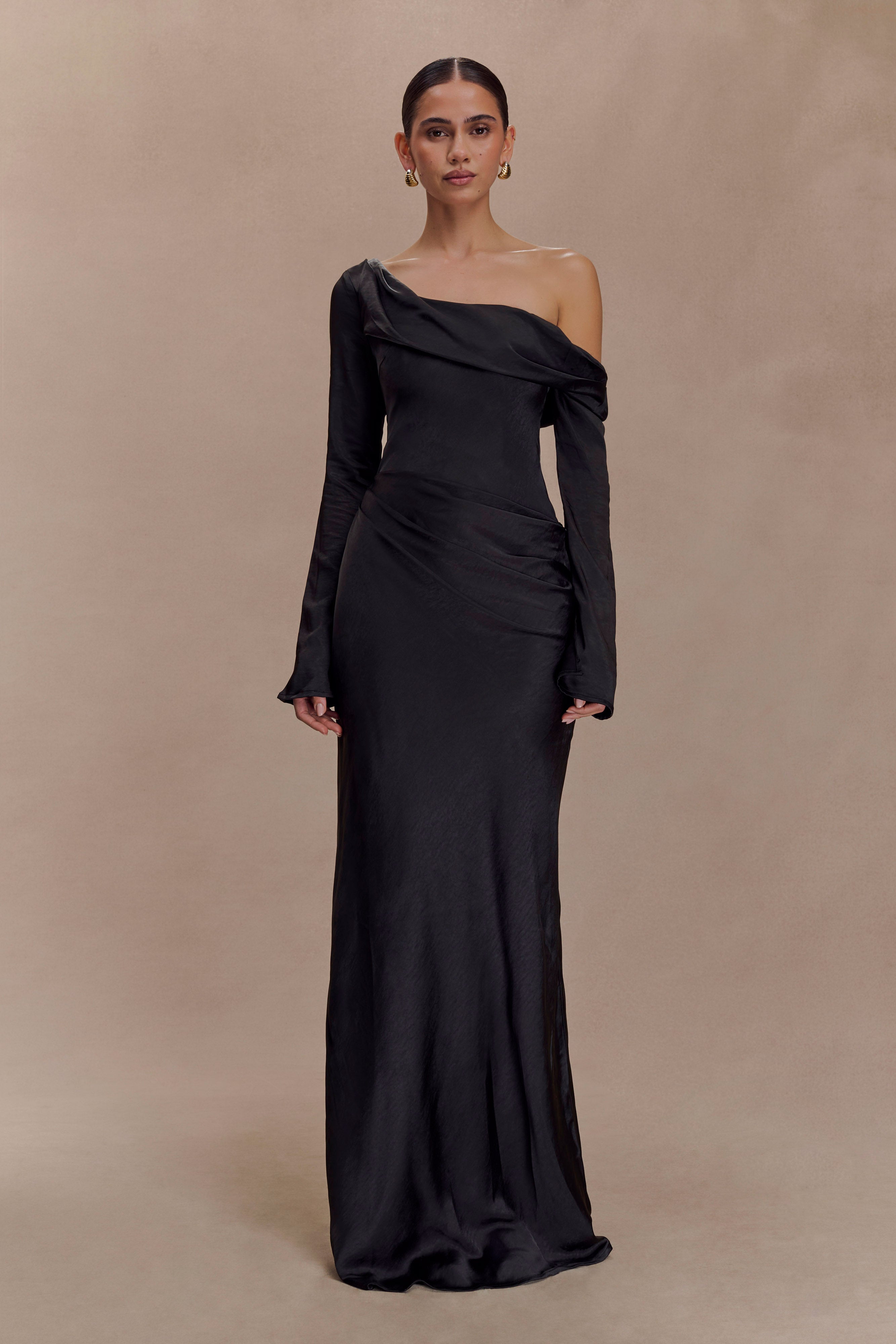 Iris Long Sleeve Satin Maxi Dress - Black & MESHKI