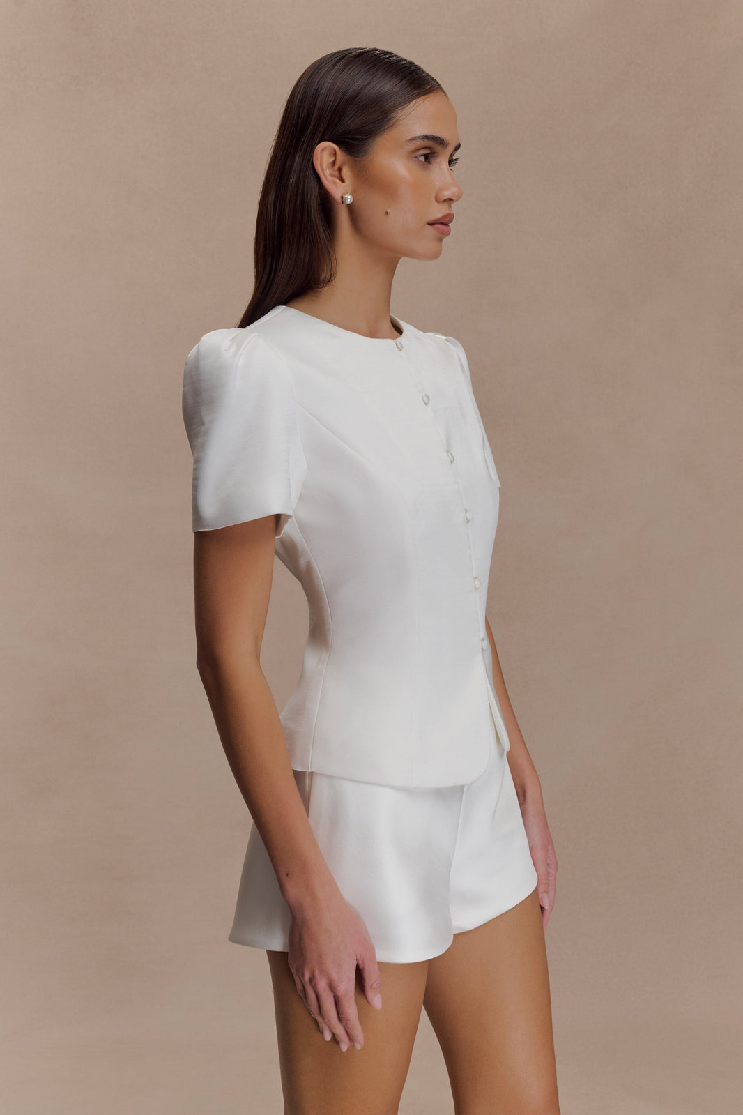 Anne Short Sleeve Satin Top - White & MESHKI