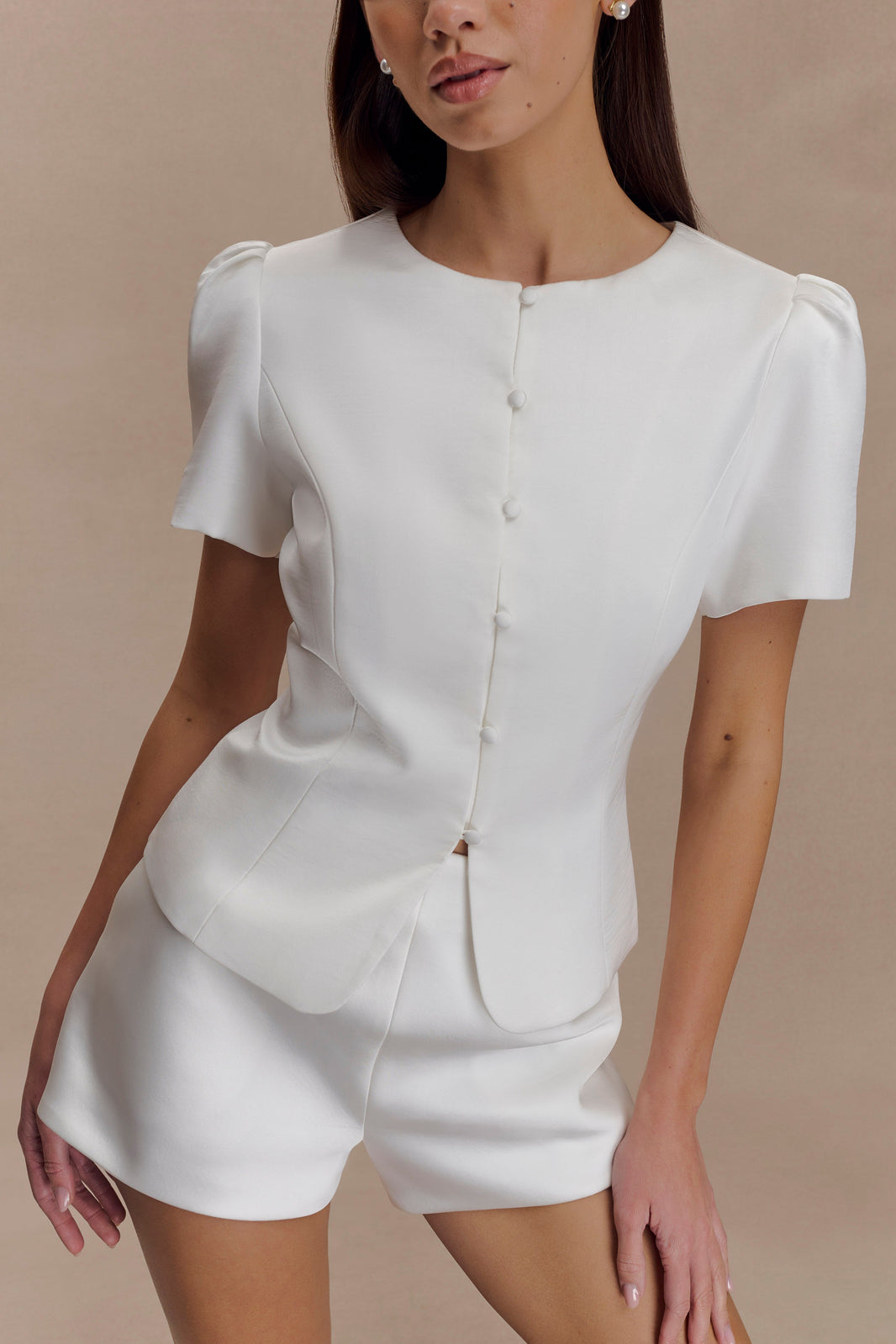 Anne Short Sleeve Satin Top - White & MESHKI