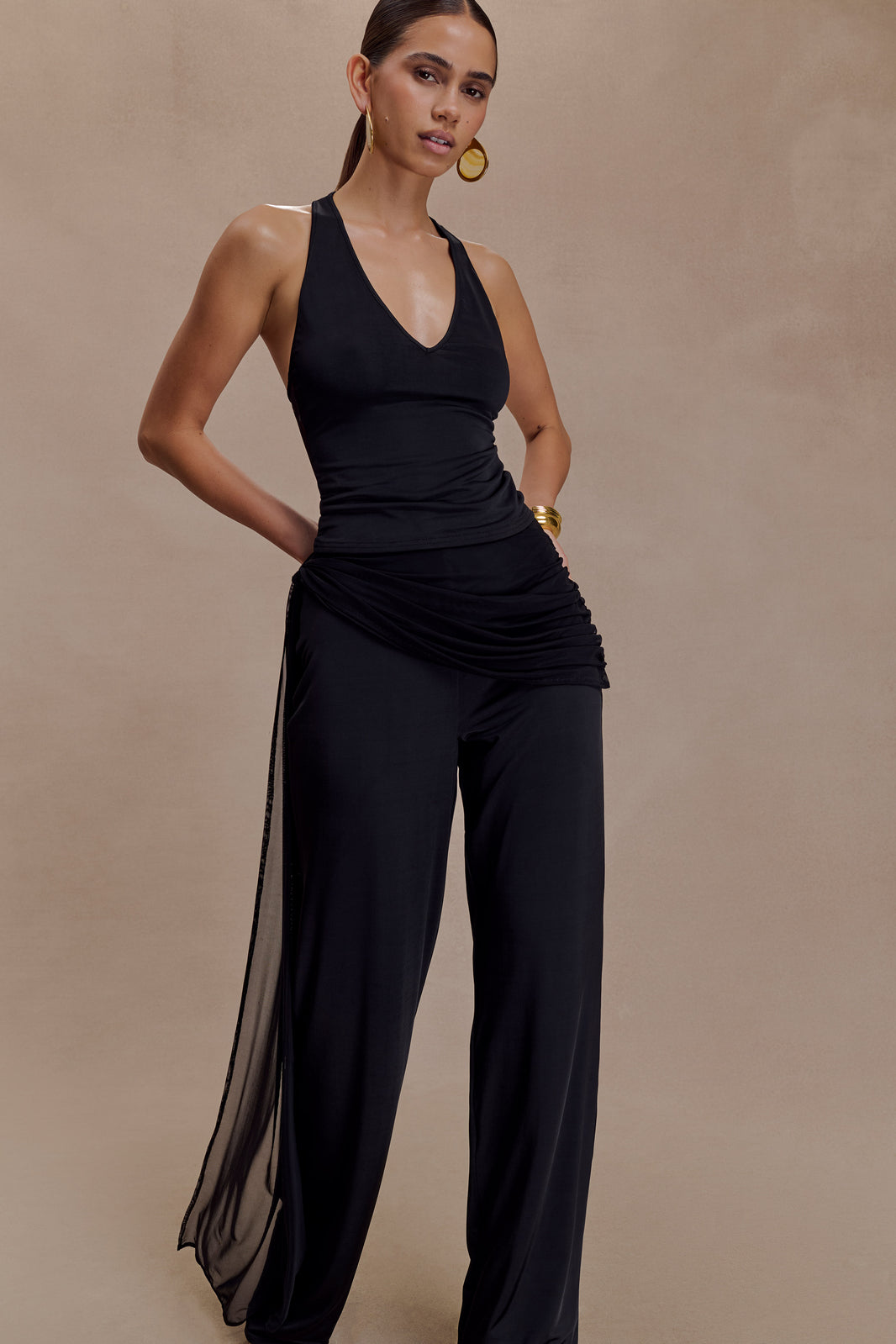 Aspyn Slinky Gathered Wide Leg Pants - Black & MESHKI