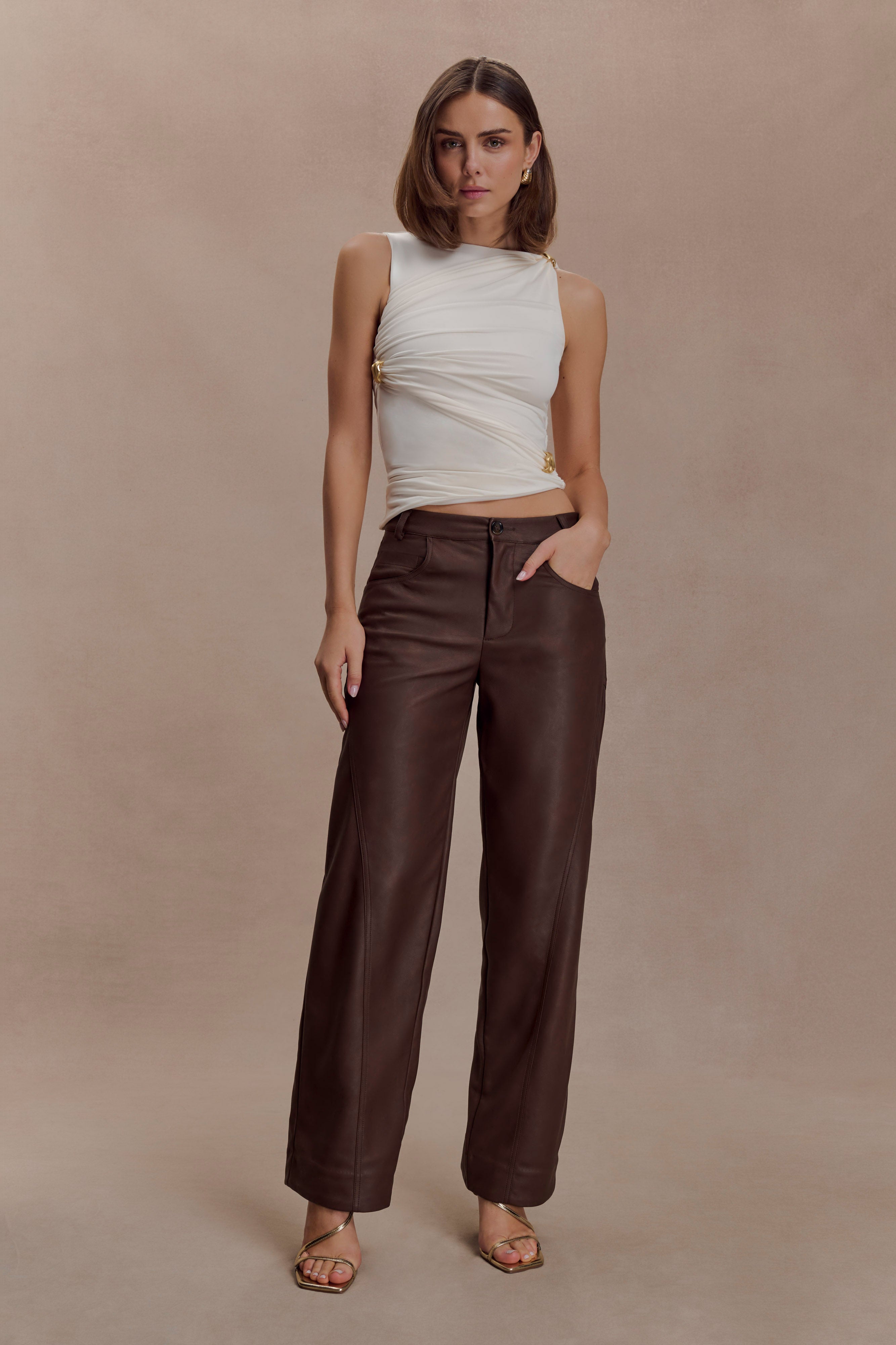 Theo Faux Leather Mid Rise Pants - Dark Chocolate & MESHKI