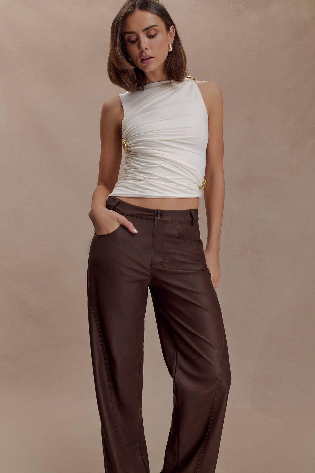 Theo Faux Leather Mid Rise Pants - Dark Chocolate & MESHKI