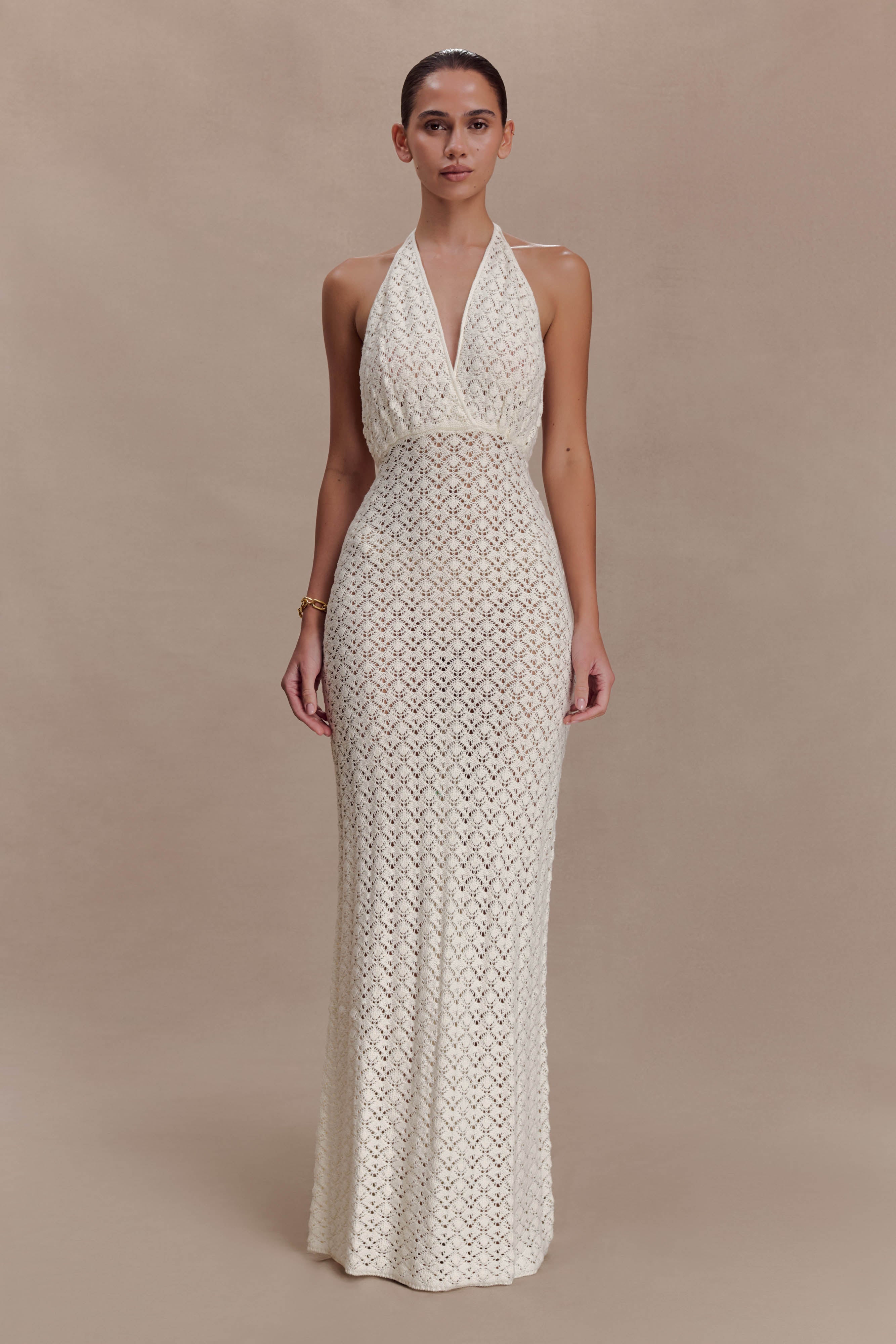 Deeliah Halterneck Crochet Maxi Dress - Ivory & MESHKI