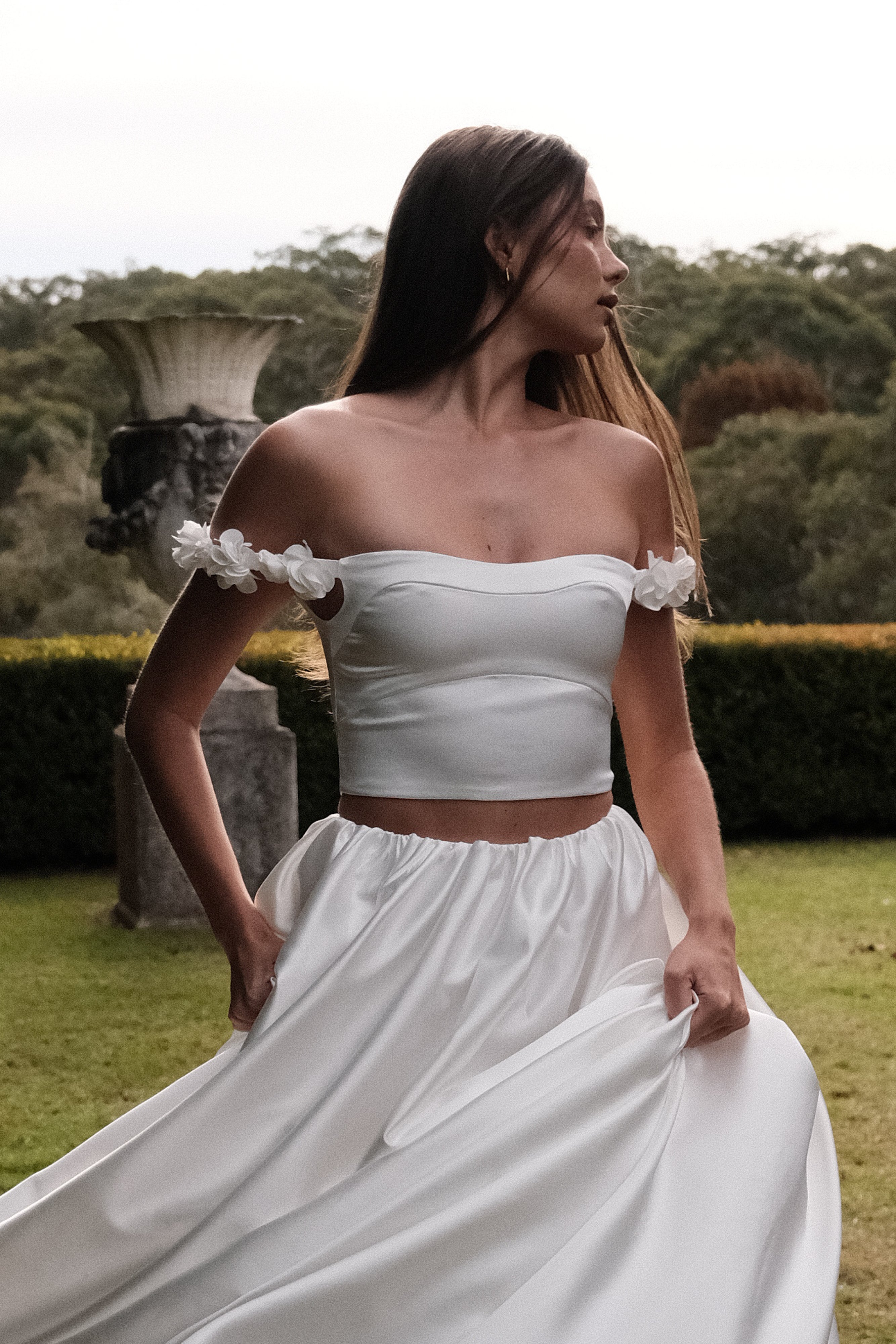 Karrie Cropped Satin Rose Bodice - White & MESHKI