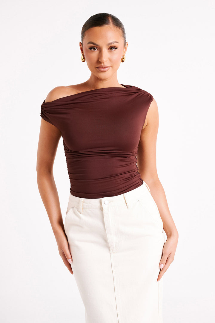 Alayna Recycled Nylon Ruched Top - Chocolate - MESHKI