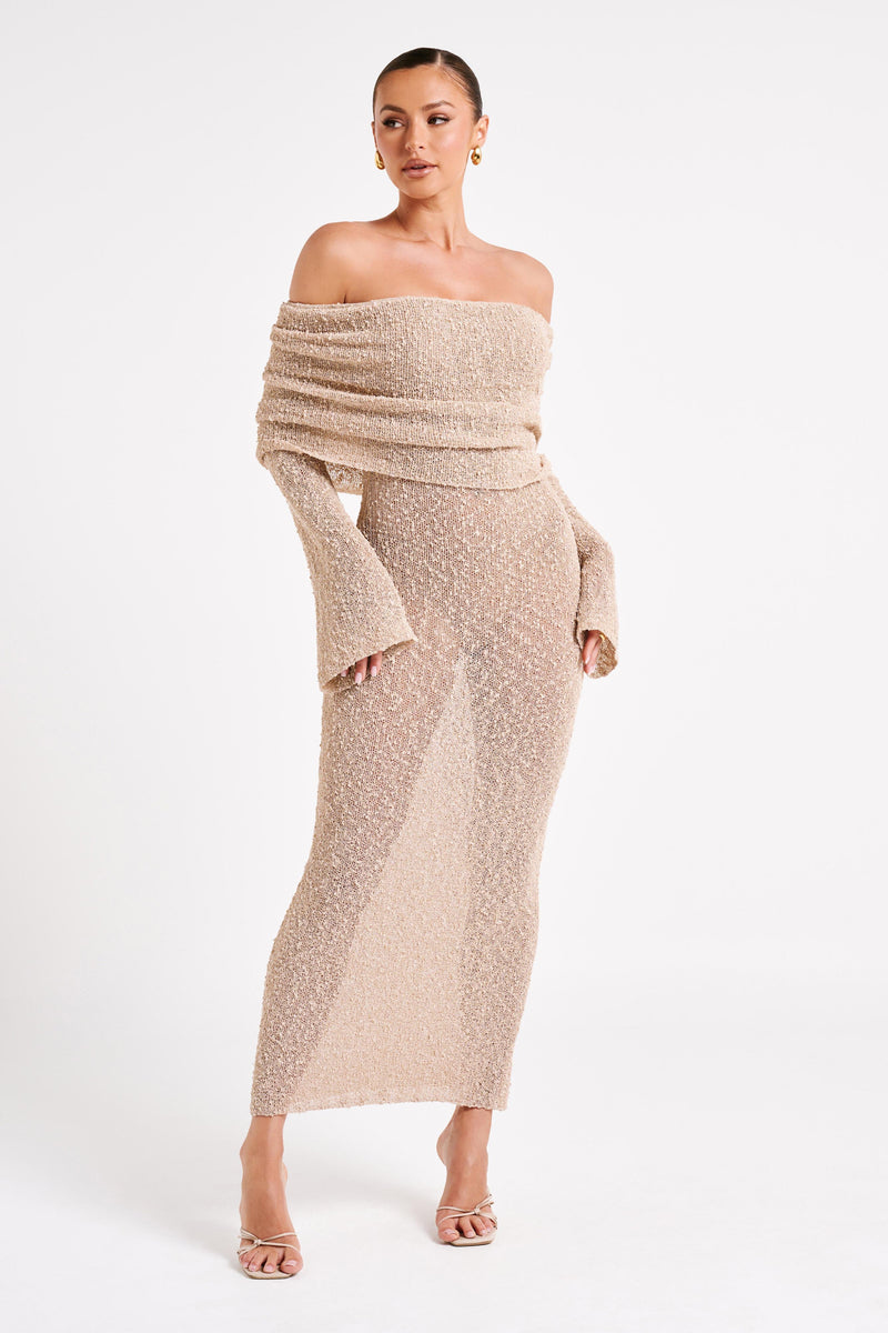 Marisol Off Shoulder Boucle Maxi Dress - Wheat- MESHKI