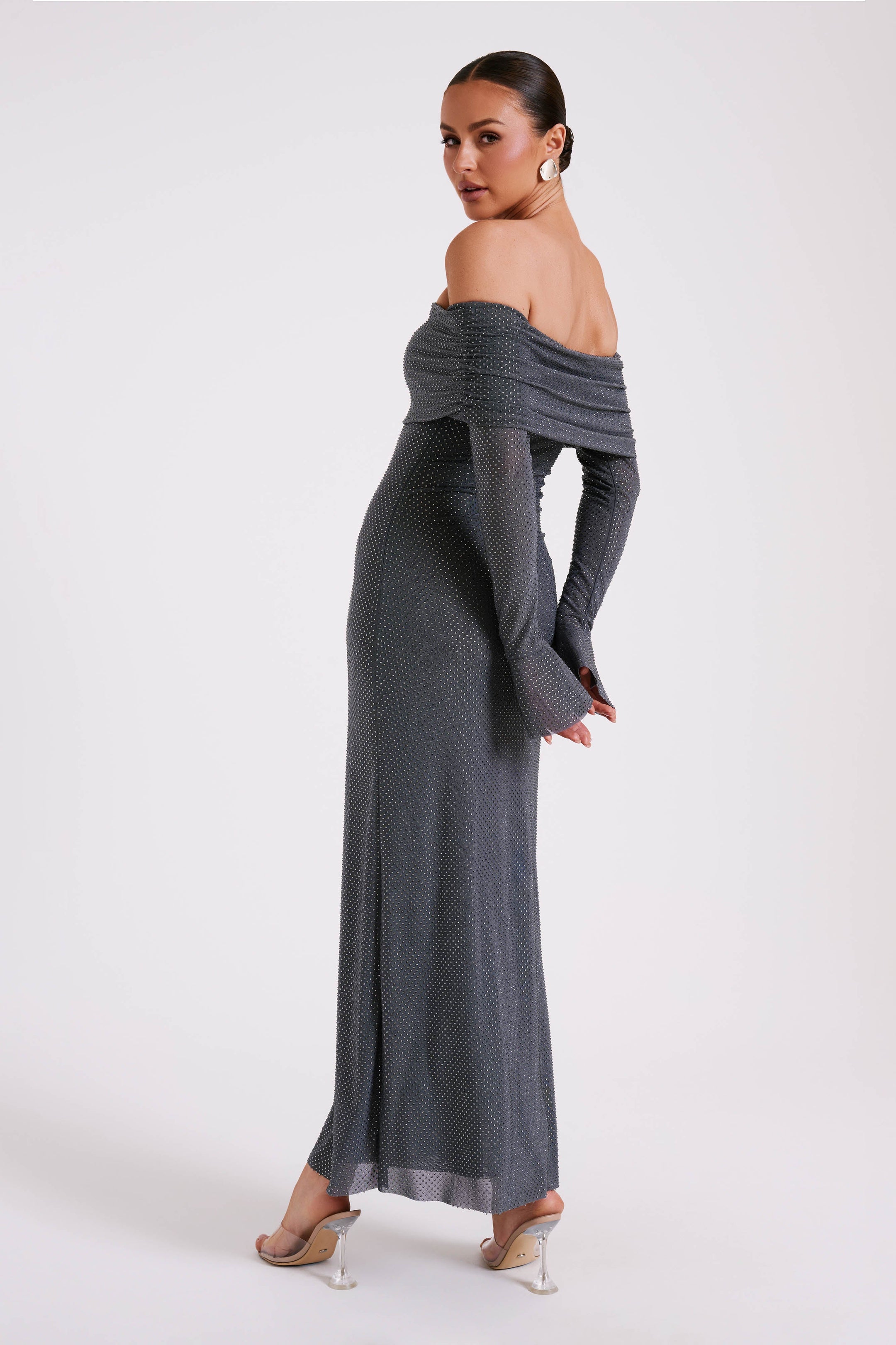 Marcel Off Shoulder Diamante Maxi Dress - Gunmetal - MESHKI