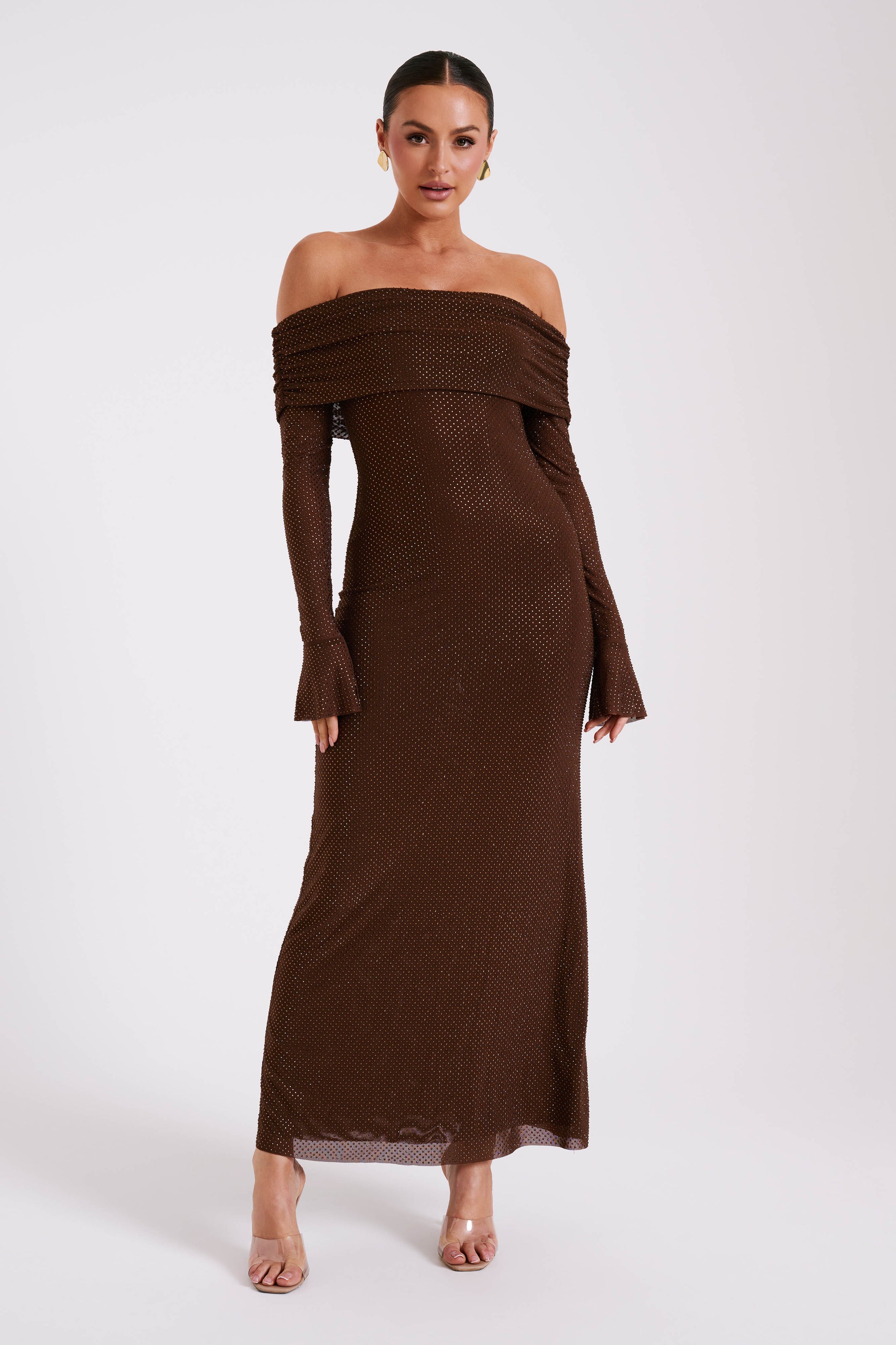 Marcel Off Shoulder Diamante Maxi Dress - Chocolate - MESHKI