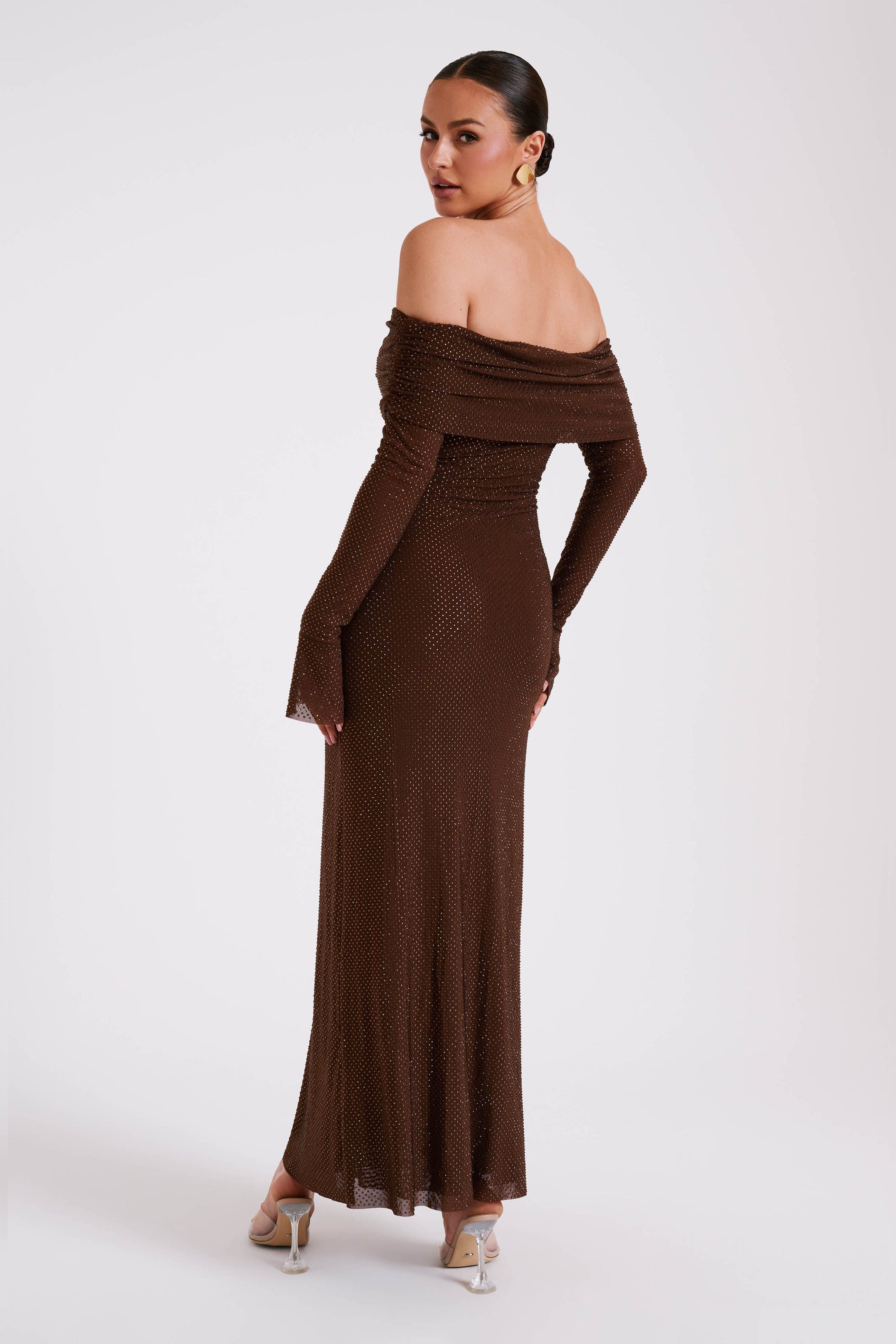 Marcel Off Shoulder Diamante Maxi Dress - Chocolate- MESHKI