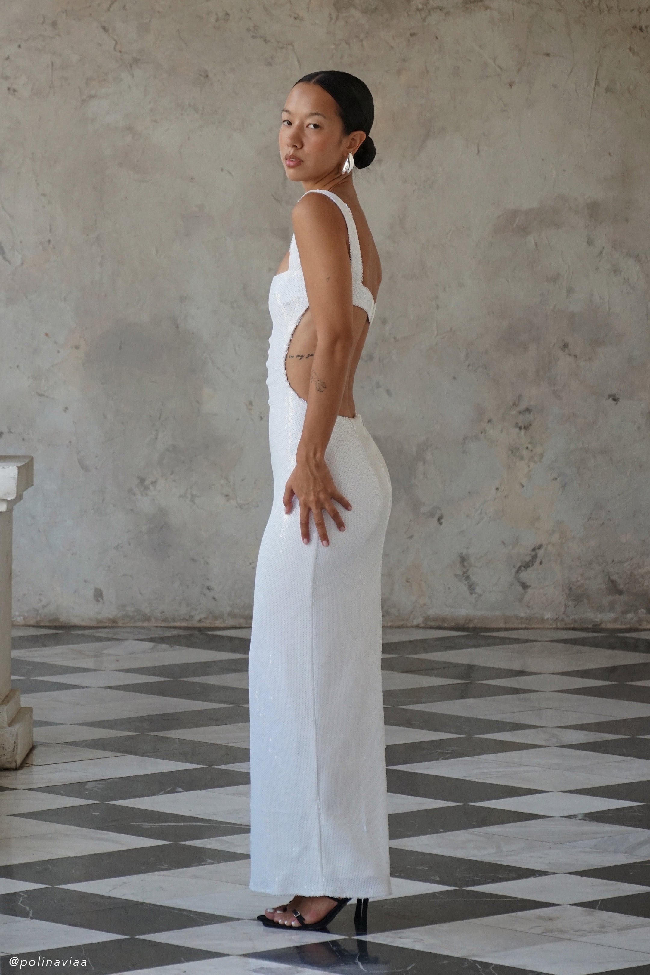 Adoria Sequin Cut Out Maxi Dress - White - MESHKI